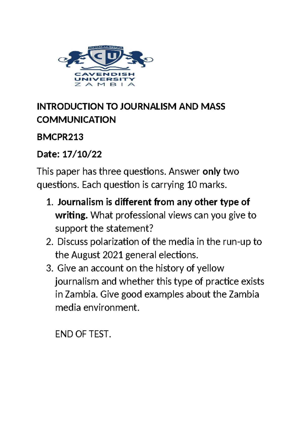 2022 introduction to journalism and mass communication test 2 ...