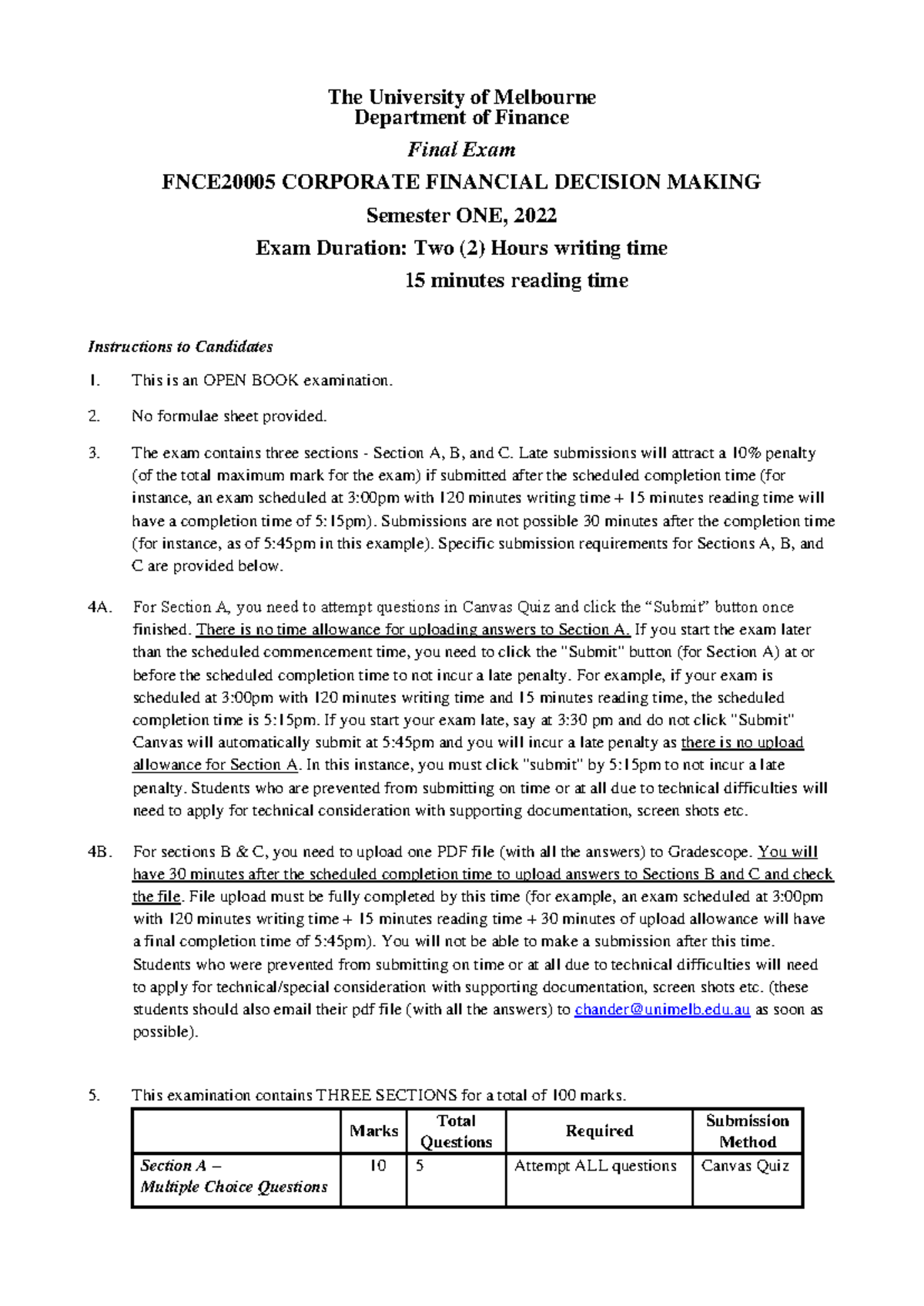 FNCE20005 CFDM Final Exam Guidelines & Instructions - 2022 SM1 - Studocu