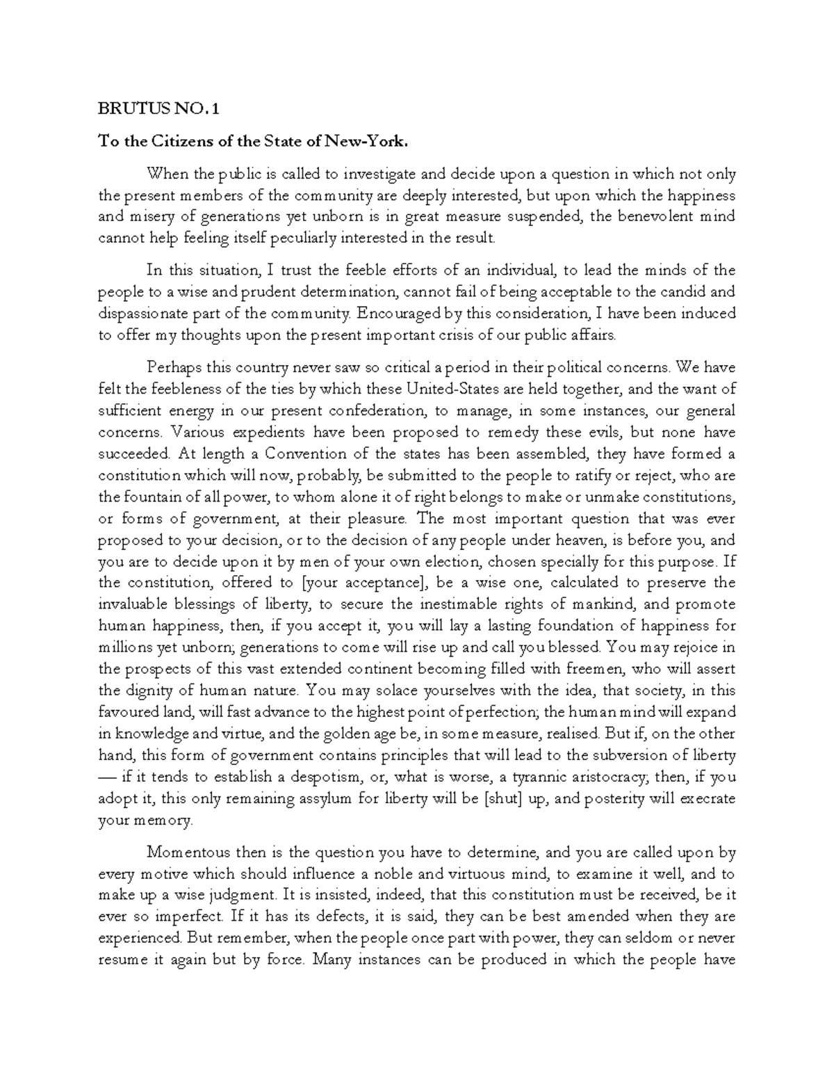 Brutus No. 1: A Critical Examination of the Proposed Constitution - Studocu