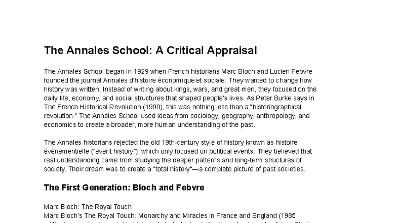 Critical Appraisal of the Annales School: Historical Perspectives - Studocu