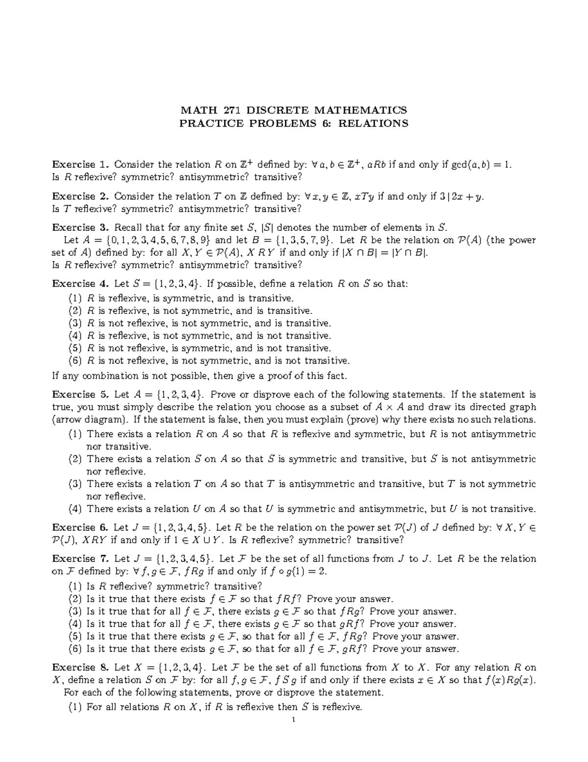 MATH 271 Practice Problems 6: Analyzing Relations in Discrete Math ...