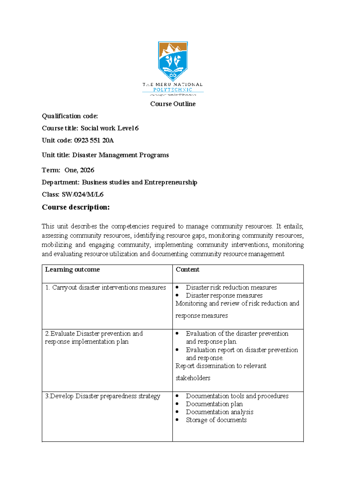Course Outline: Disaster Management Programs (0923 551 20A) - Studocu