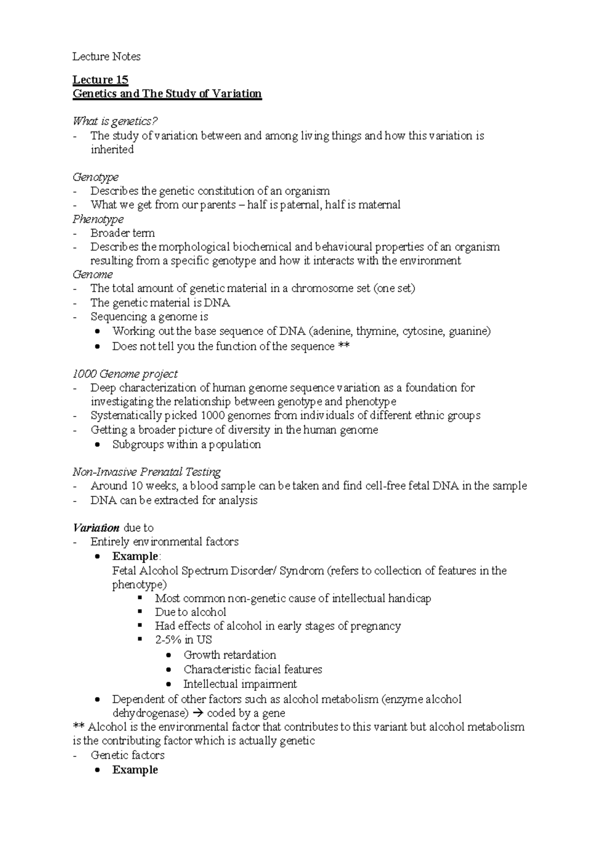 BIO10003 Lecture Notes: Genetics, Variation, and DNA Structure - Studocu