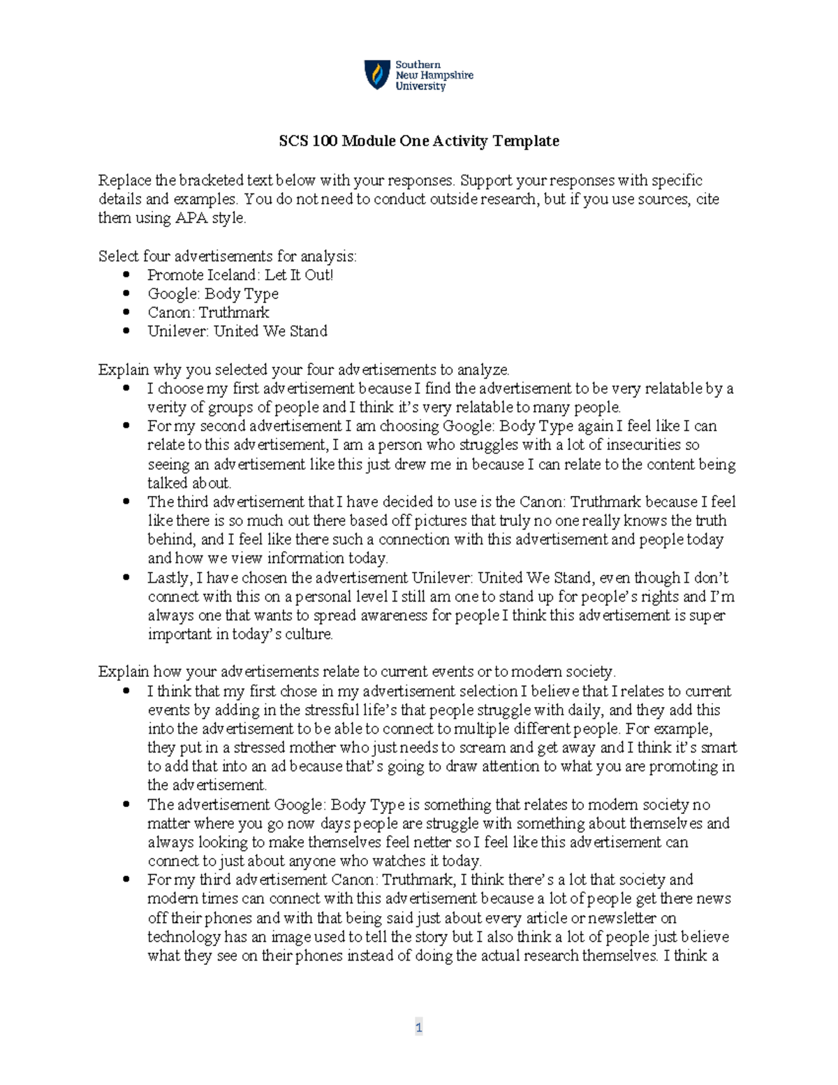 SCS 100 Module One Activity - Support your responses with specific ...