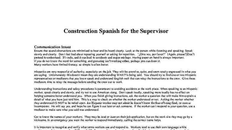 Construction Spanish for Supervisors: Communication & Safety Tips - Studocu