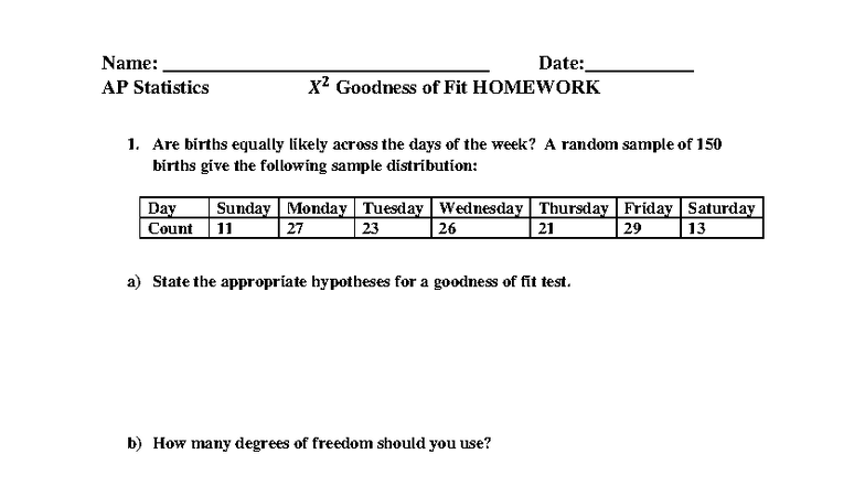 2 AP Statistics: Chi-Square Goodness of Fit Homework - Studocu