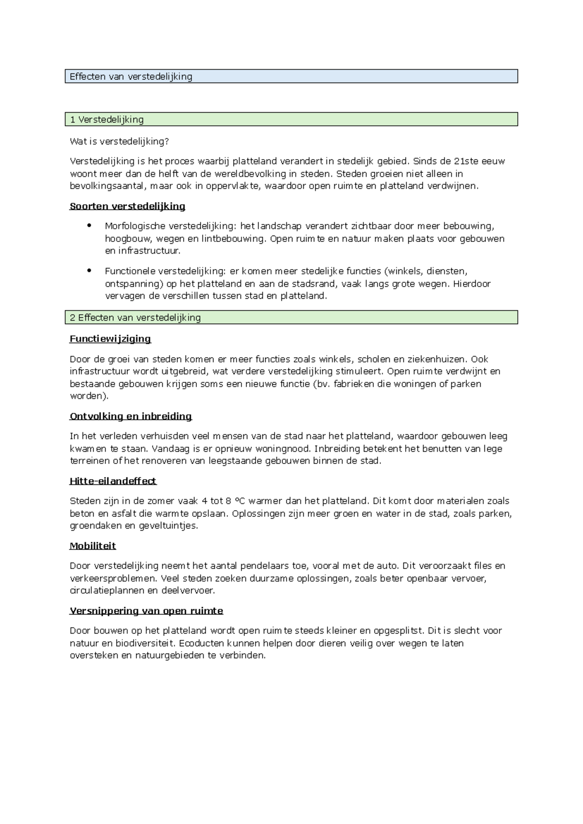 Samenvatting Aardrijkskunde: Effecten van Verstedelijking (p 80-86 ...