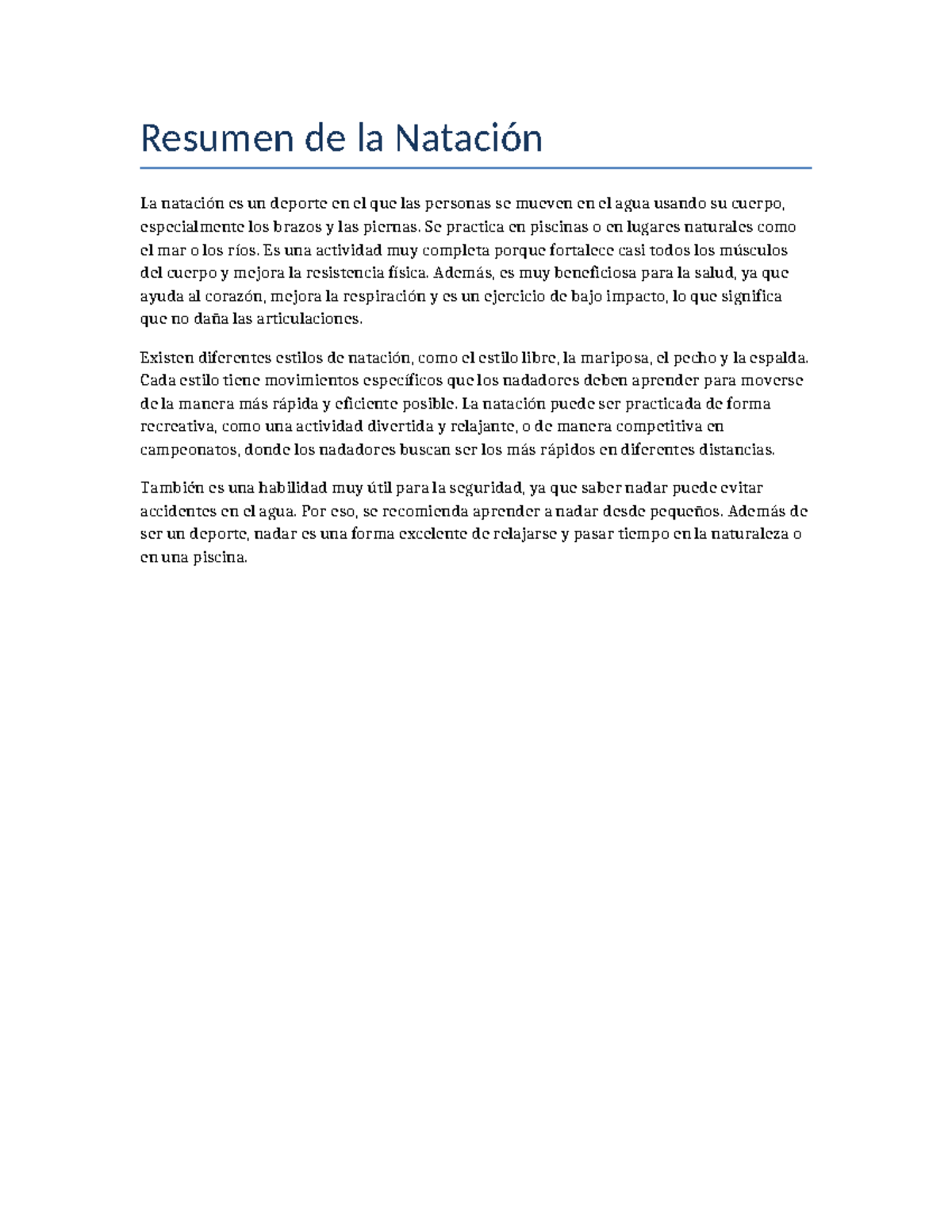 Resumen sobre Natación y sus Beneficios en el Deporte - Studocu