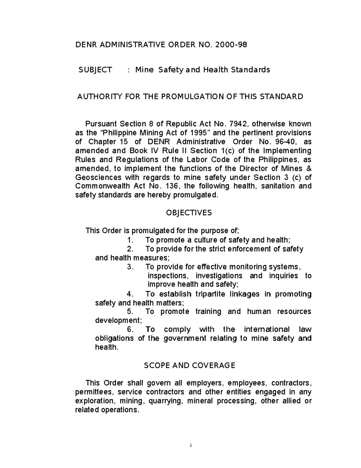 DENR Adm Order No. 2000: Mine Safety and Health Standards Guide - Studocu
