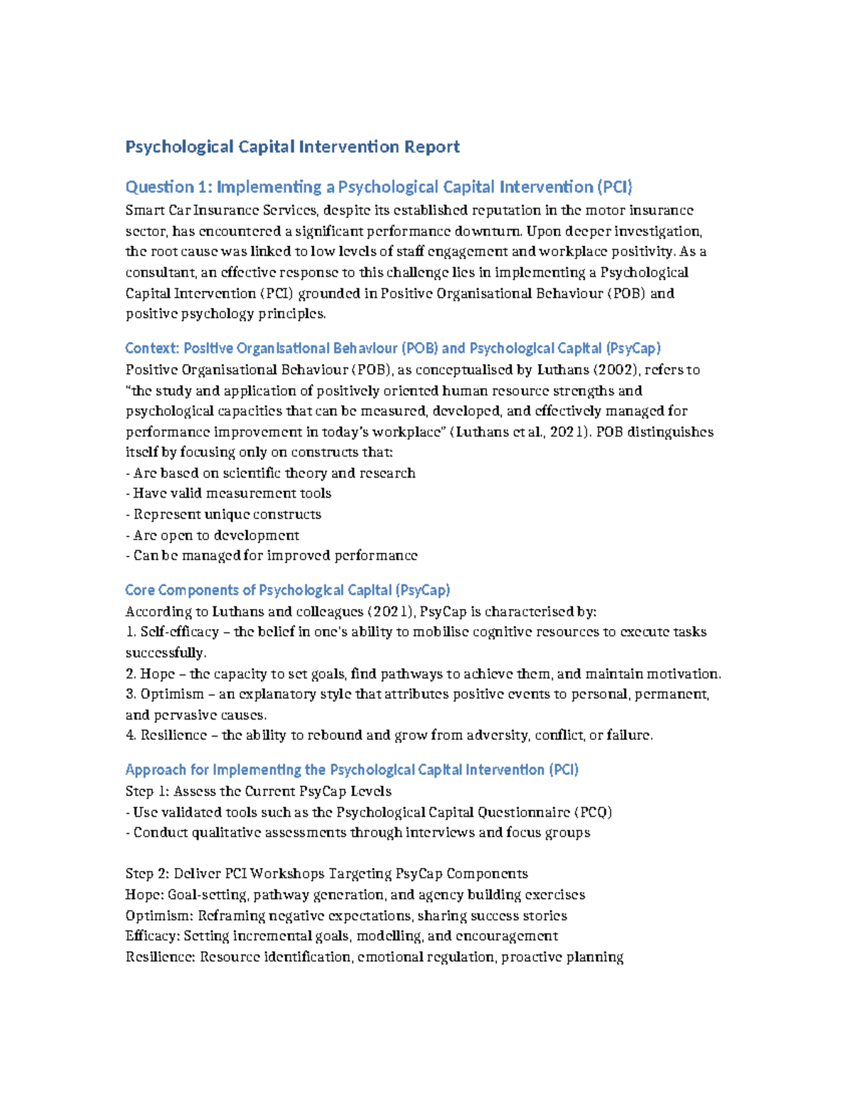Psychological Capital Intervention Report: Enhancing Staff Engagement ...