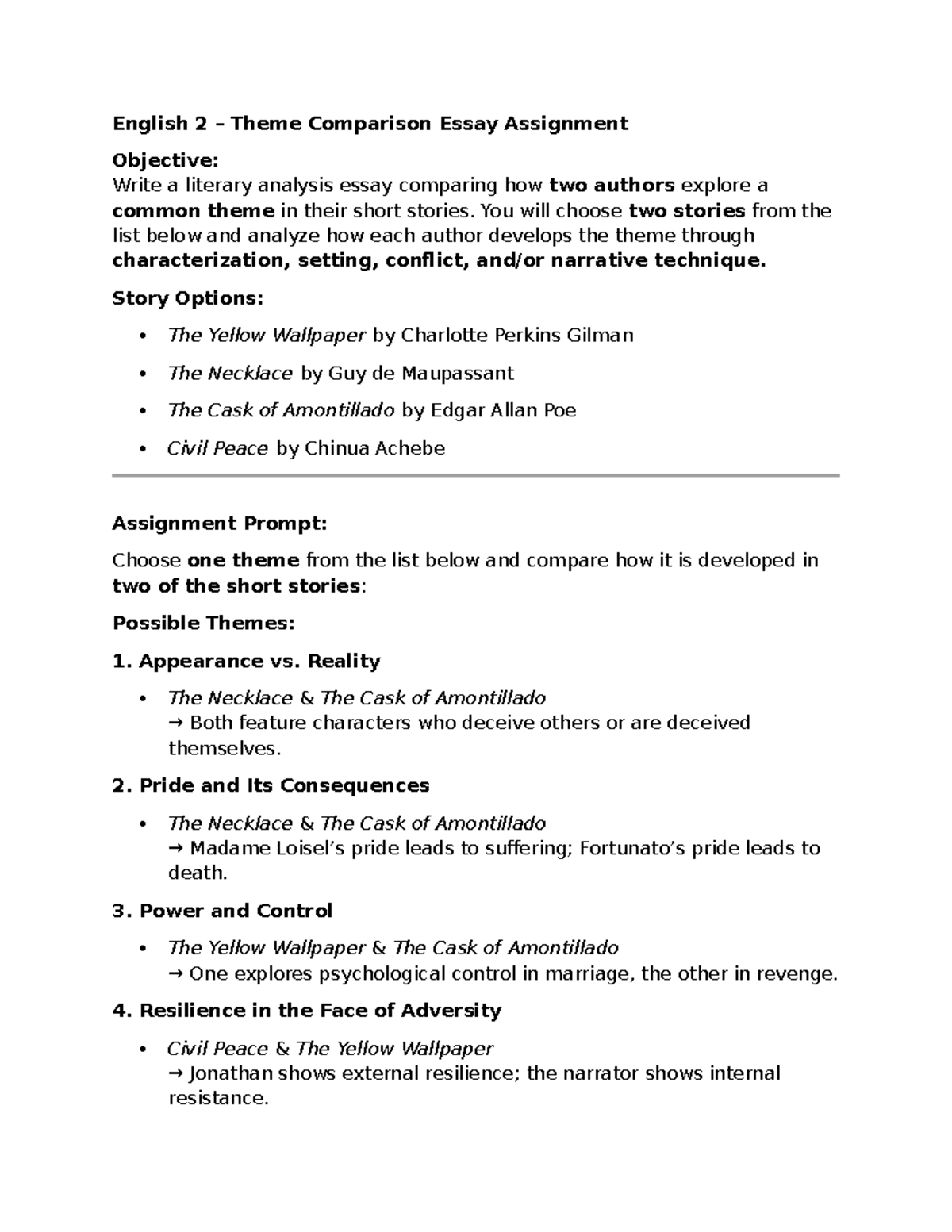 English 2 Theme Comparison Essay Assignment: Analyzing Literary Themes ...