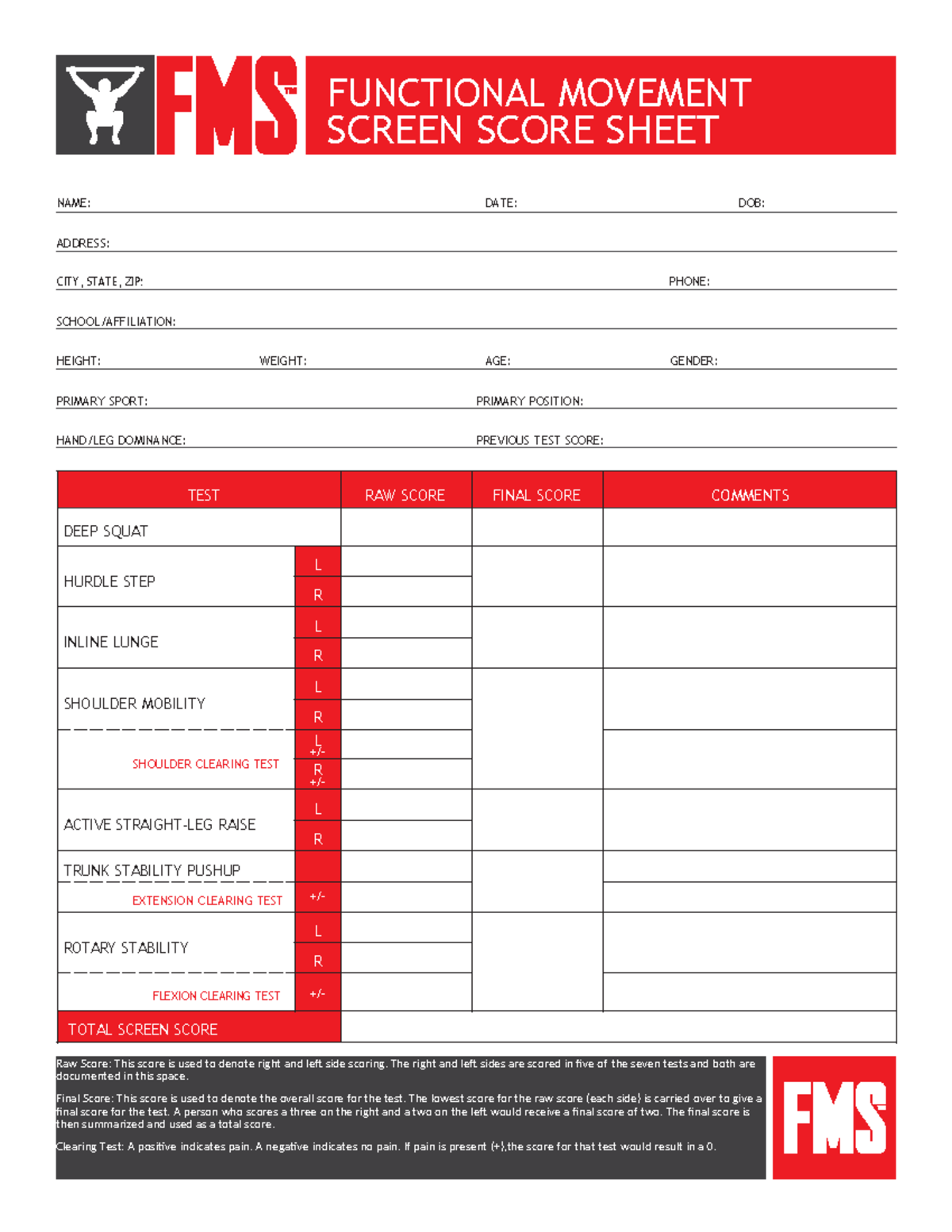 FMS Score Sheet Word - NAME: DATE: DOB: ADDRESS: CITY, STATE, ZIP ...