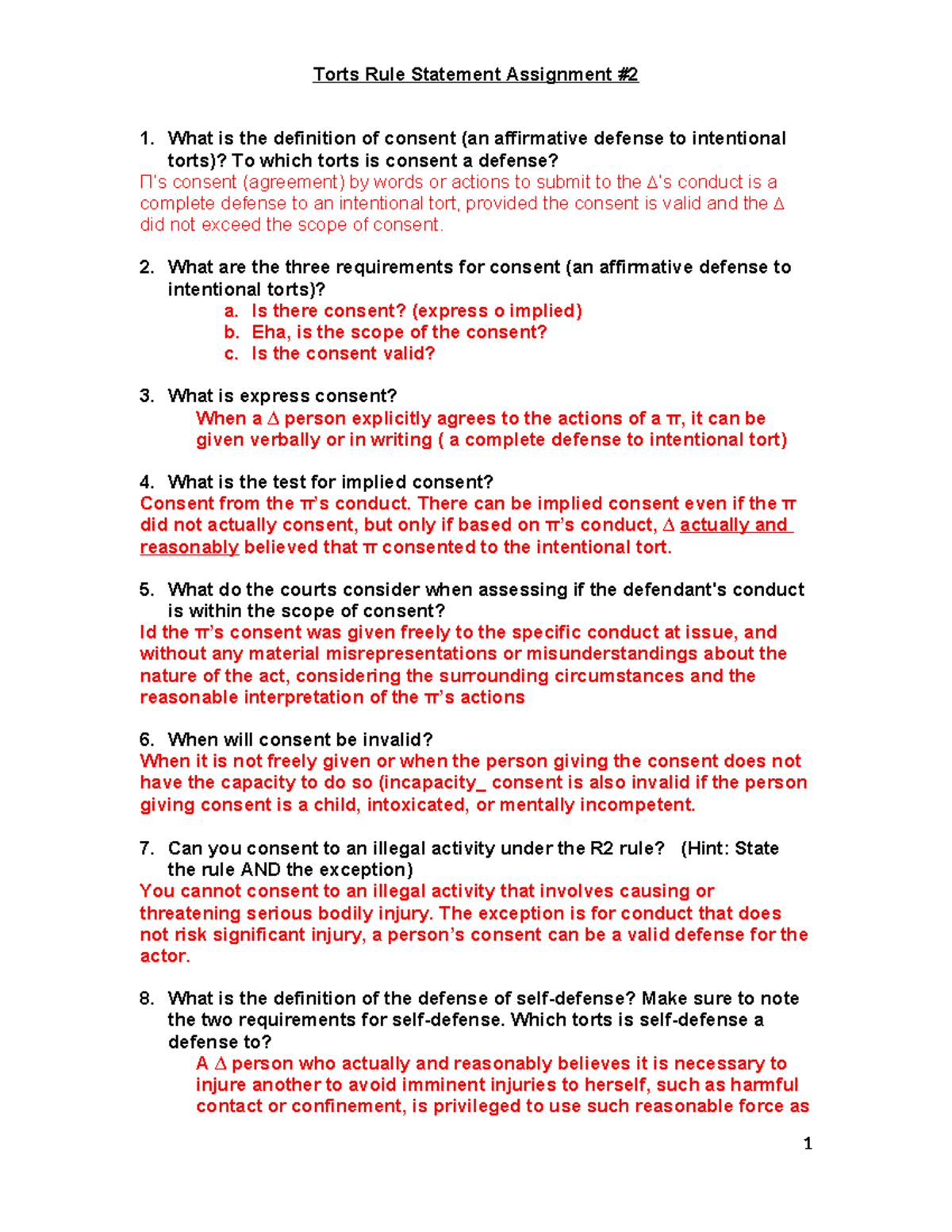 Torts Rule Statement Assignment 2: Defenses for Intentional Torts - Studocu