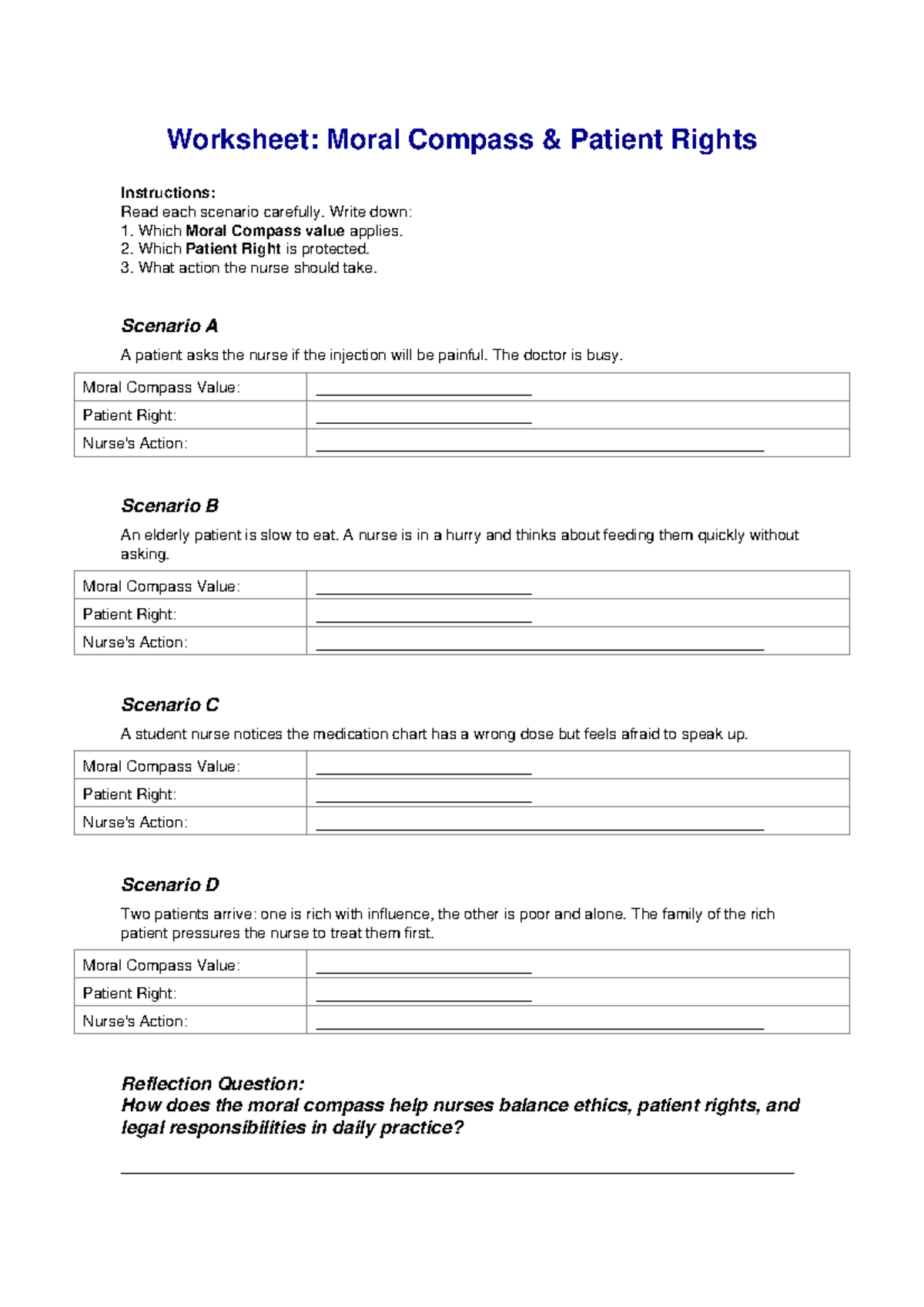 Moral Compass Worksheet: Patient Rights & Ethical Scenarios - Studocu