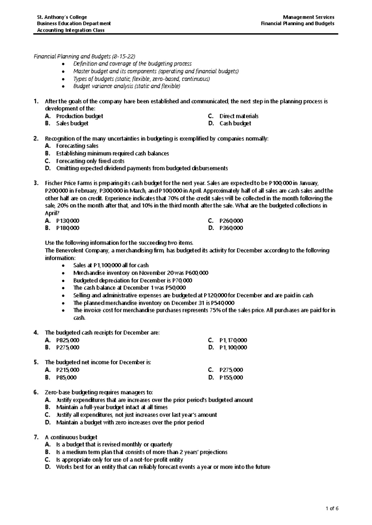 Financial Planning and Budgeting Class Discussion - Business Education ...