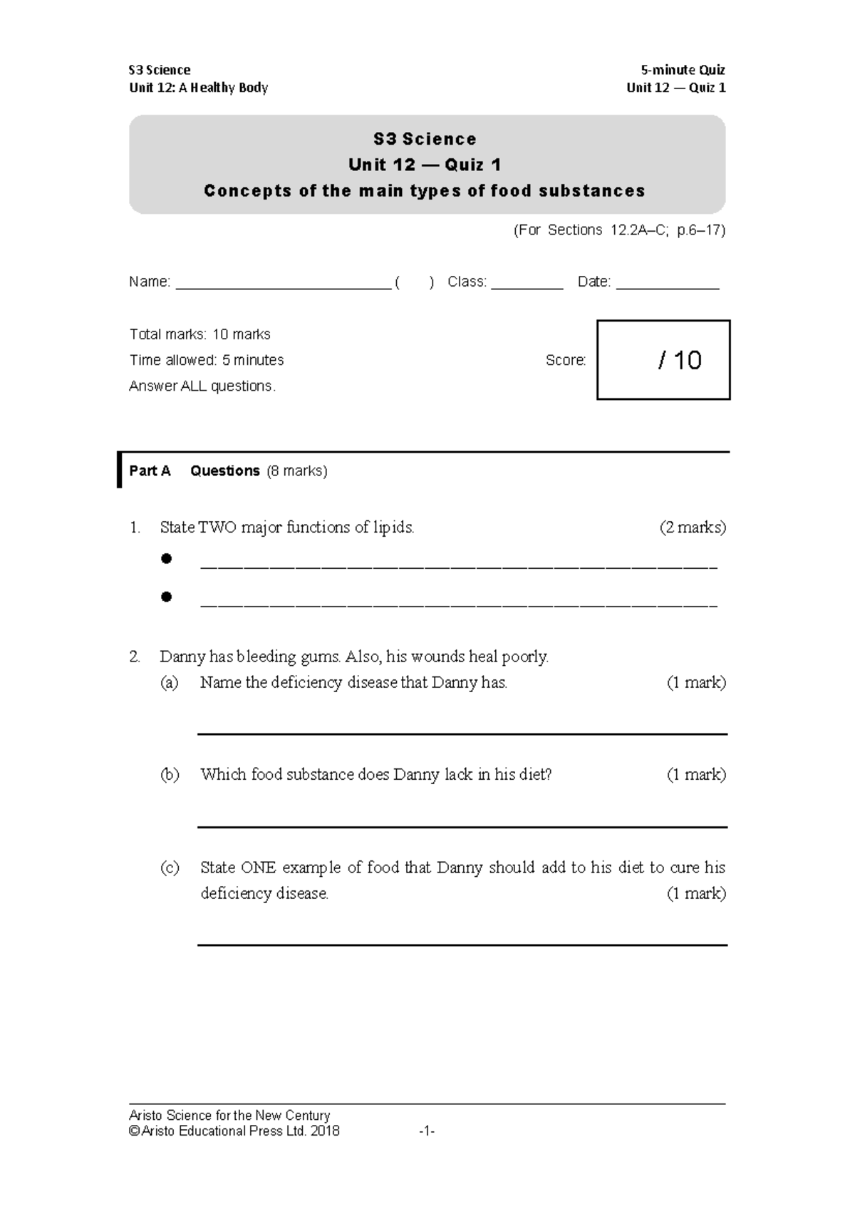 S3 Science Unit 12: A Healthy Body Quiz 1 - Food Substances Concepts ...