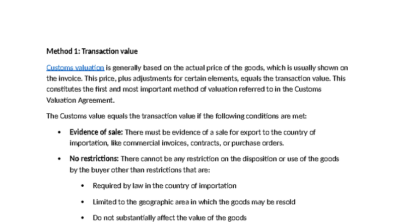 Customs Valuation Method 1: Transaction Value Explained - Studocu