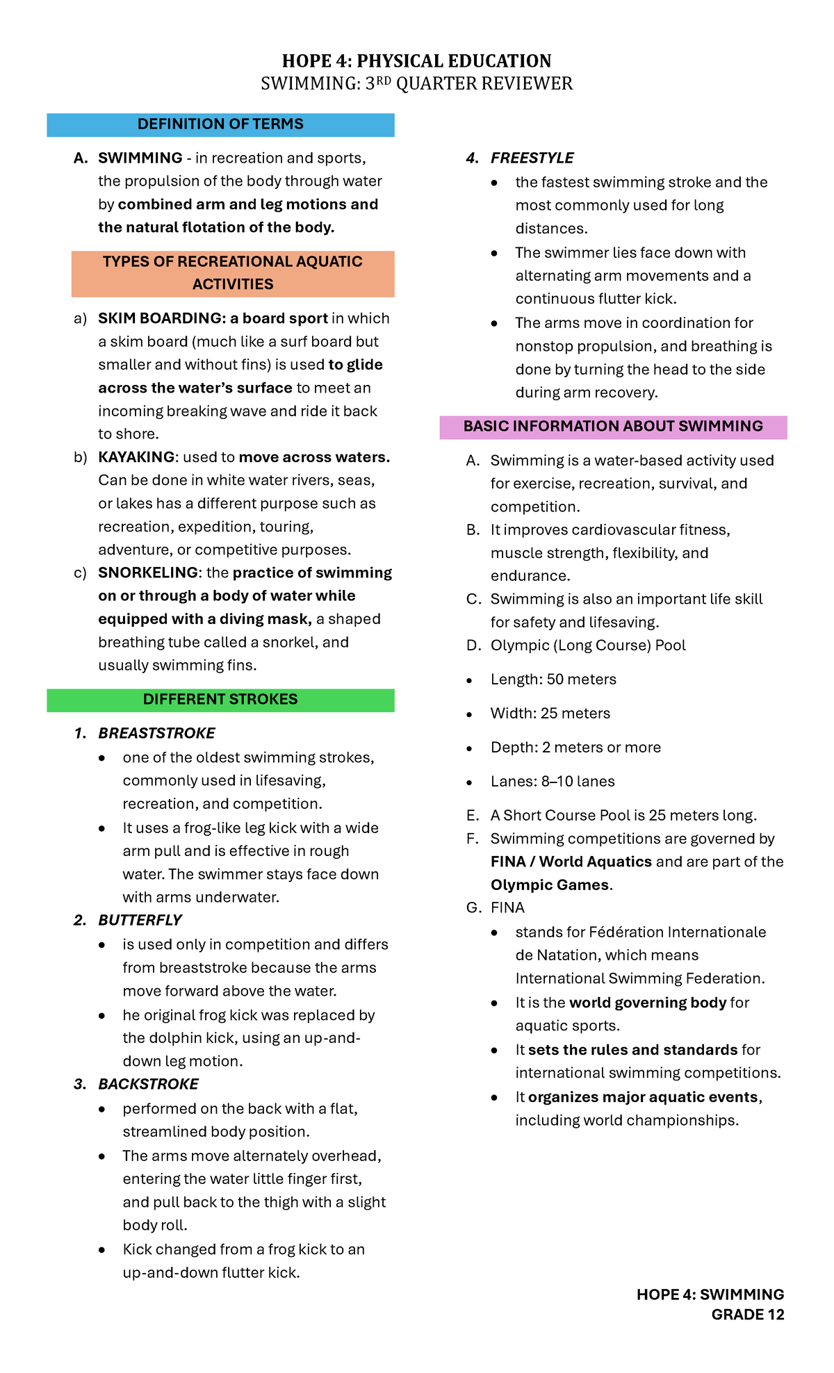 HOPE 4: PHYSICAL EDUCATION SWIMMING 3RD QUARTER REVIEWER - Studocu