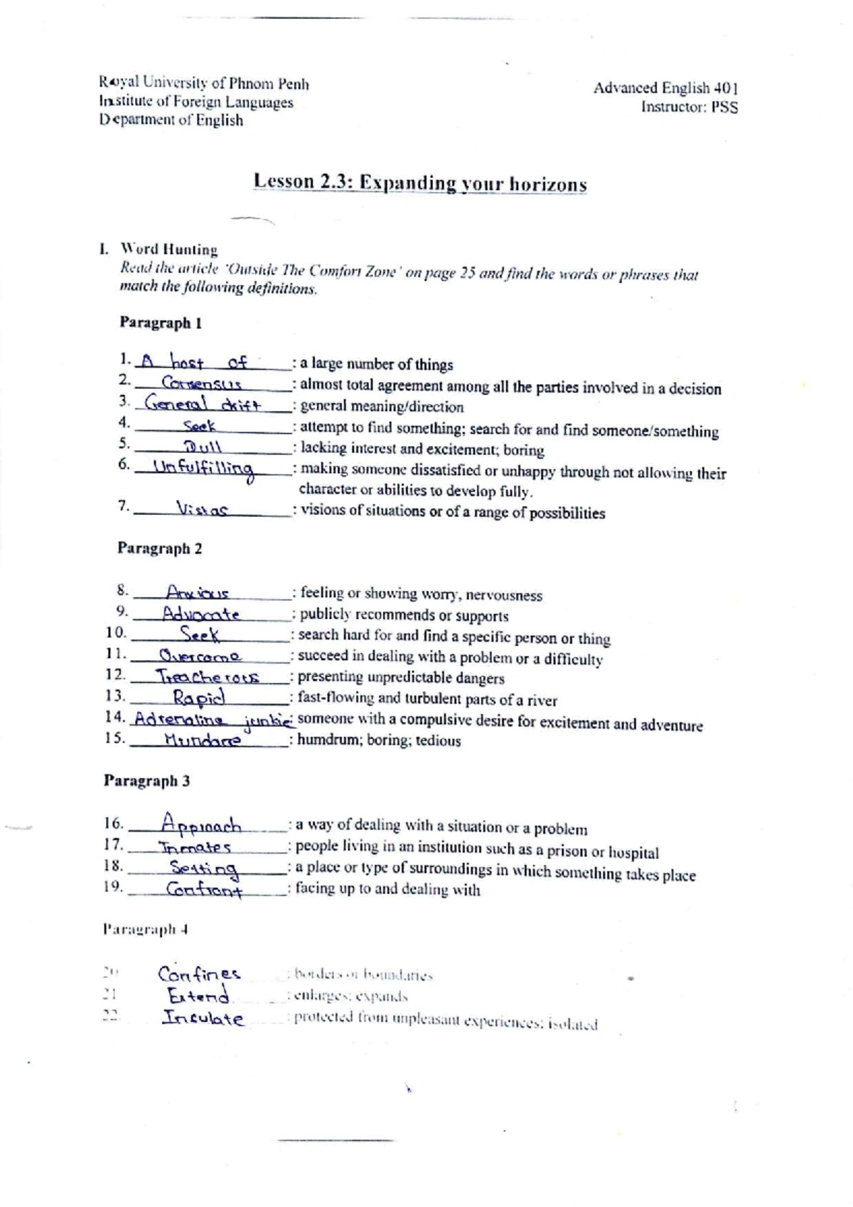 Advanced English 401 Vocabulary Lesson 2.3: Sentence Completion Guide ...
