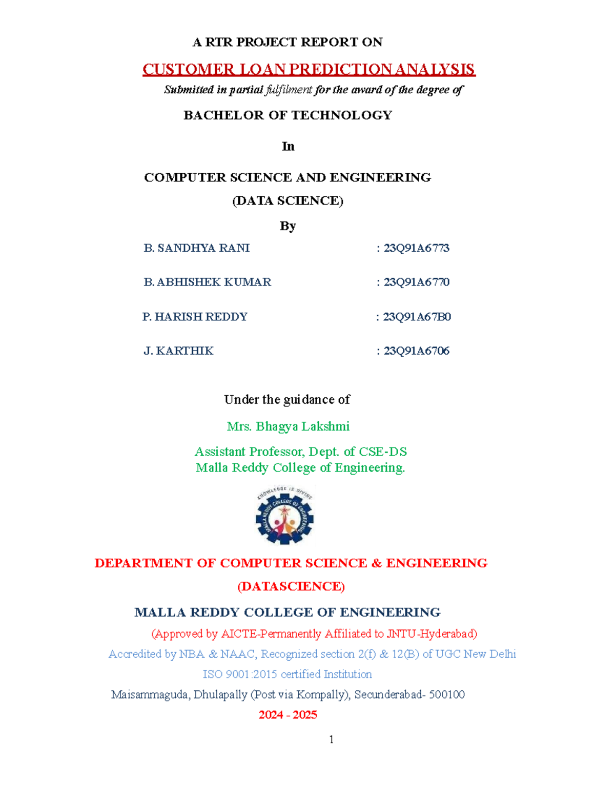 B. Tech Project Report: Customer Loan Prediction Analysis (CSE-DS ...