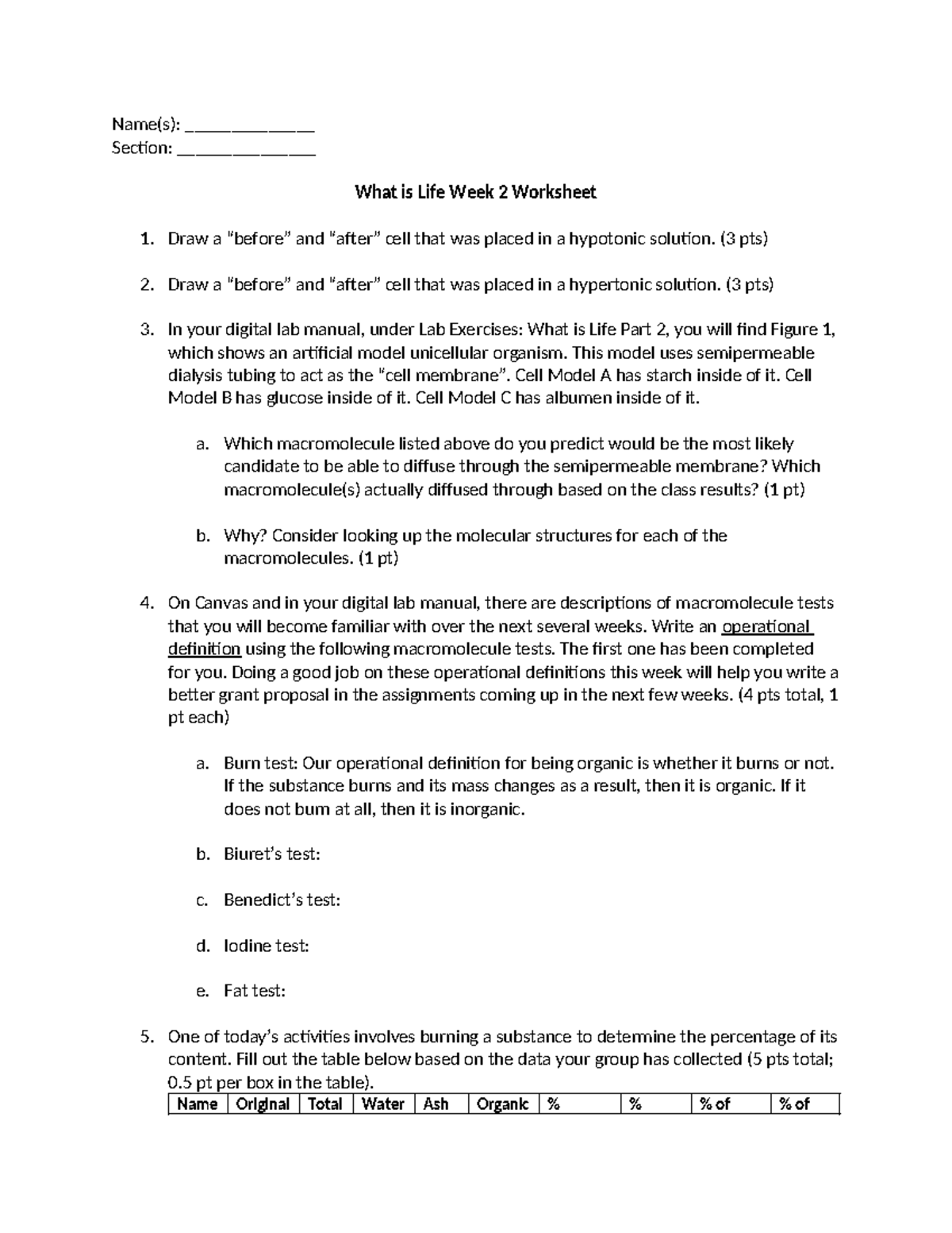 BIO101 What is Life Week 2 Worksheet: Cell Solutions & Macromolecule ...
