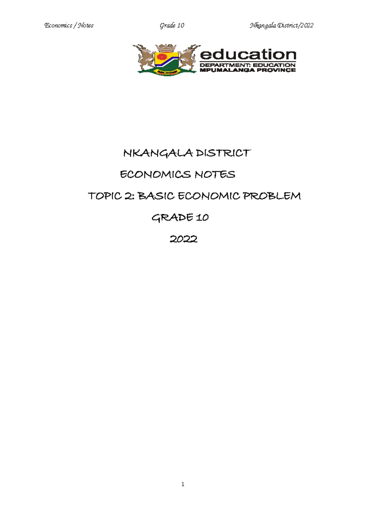 Grade 10 Economics Topic 2: Basic Economic Problems and Solutions - Studocu