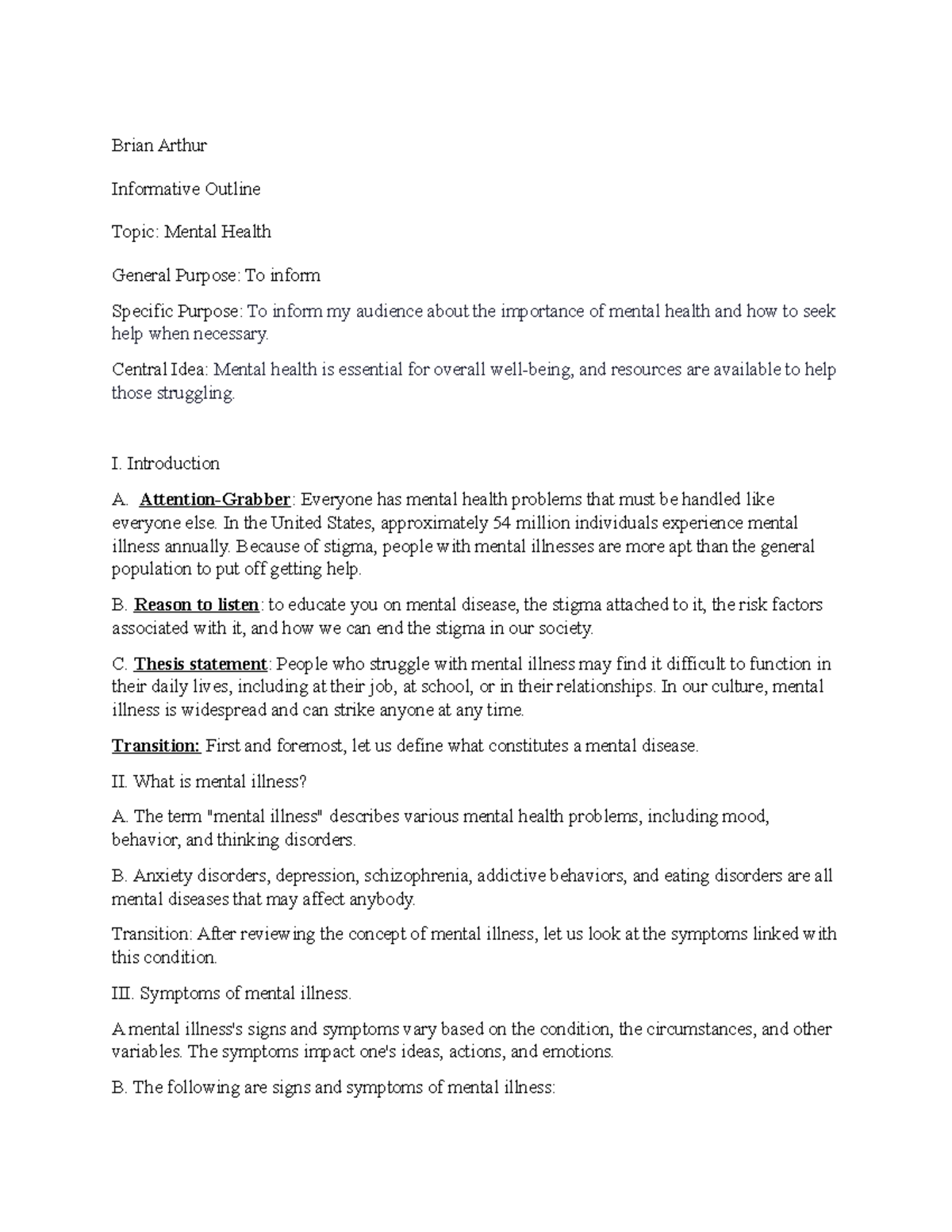 COMM HW2 - Informative Speech Outline on Mental Health Issues - Studocu