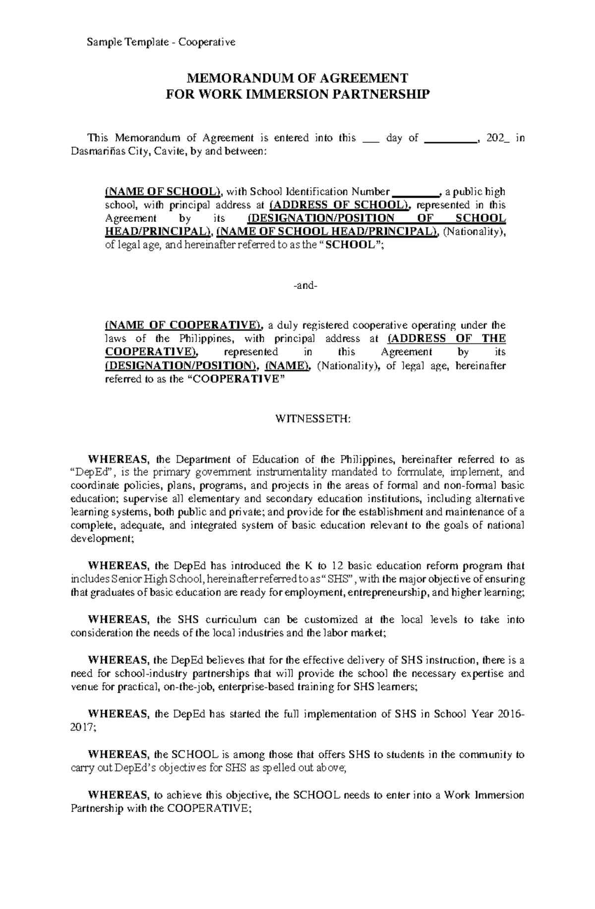 Sample Template for MOA: Work Immersion Partnership Agreement - Studocu