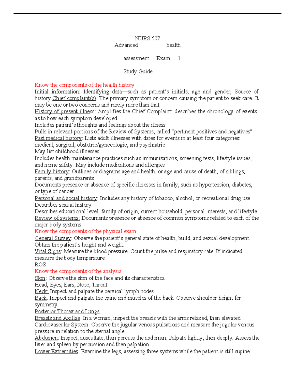 NURS 507 Advanced Assessment Exam 1 Study Guide: Key Components and ...