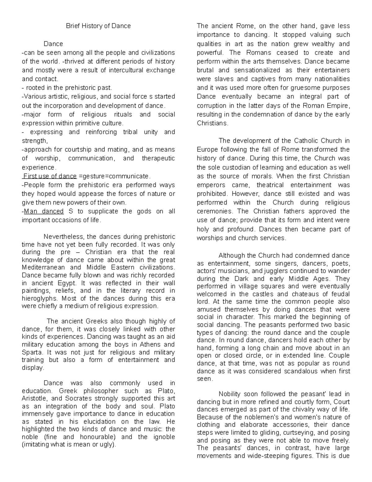 A Comprehensive Overview of Dance History (Course Code: DANCE 1) - Studocu