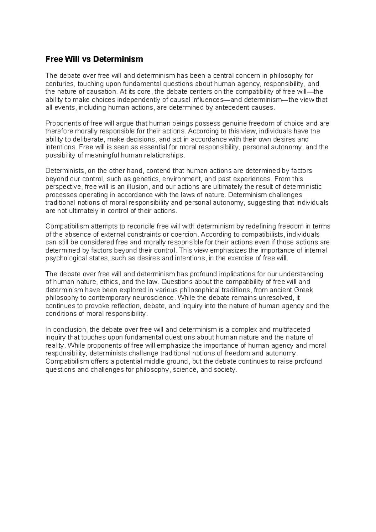 Free Will vs Determinism: A Philosophical Inquiry into Human Agency ...
