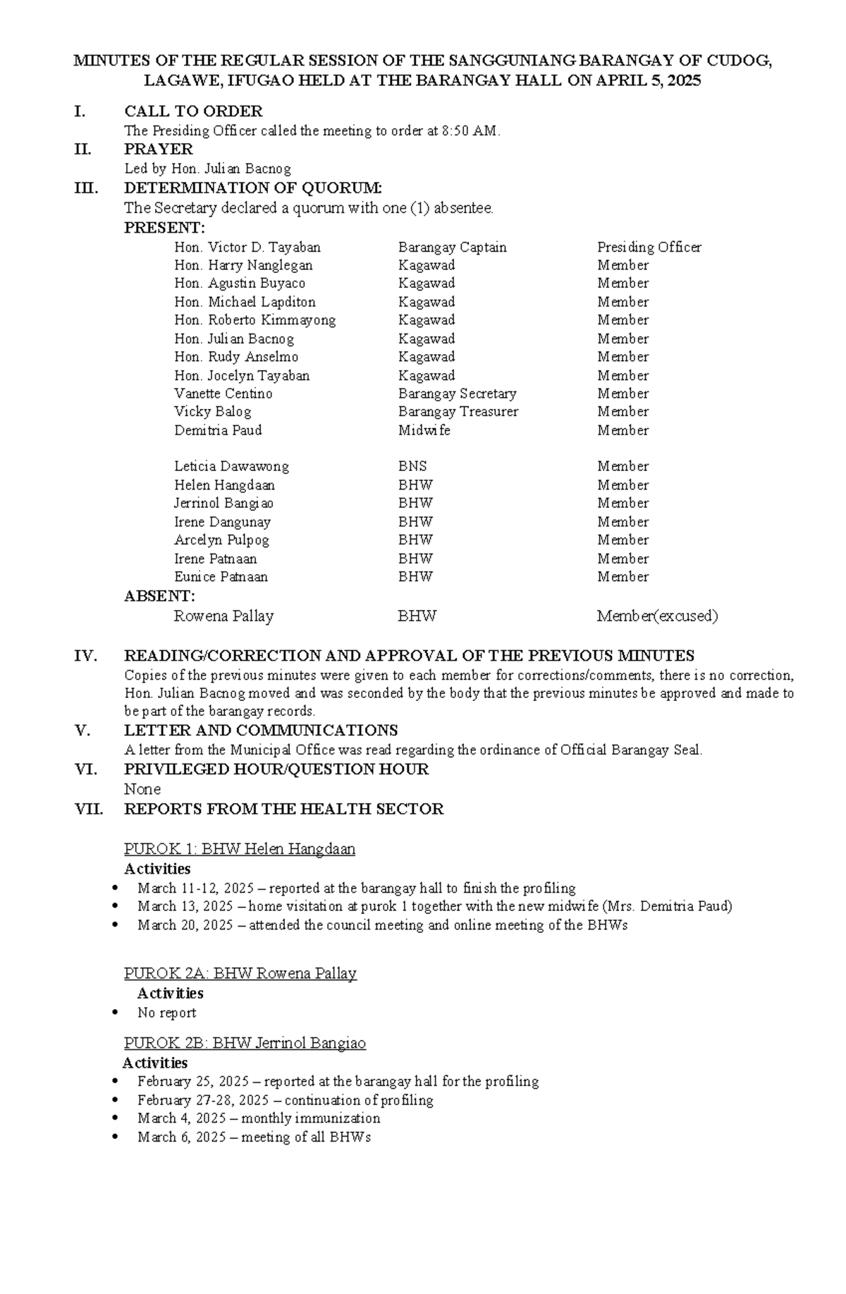 Minutes of the Regular Session of Sangguniang Barangay - March 20, 2025 ...