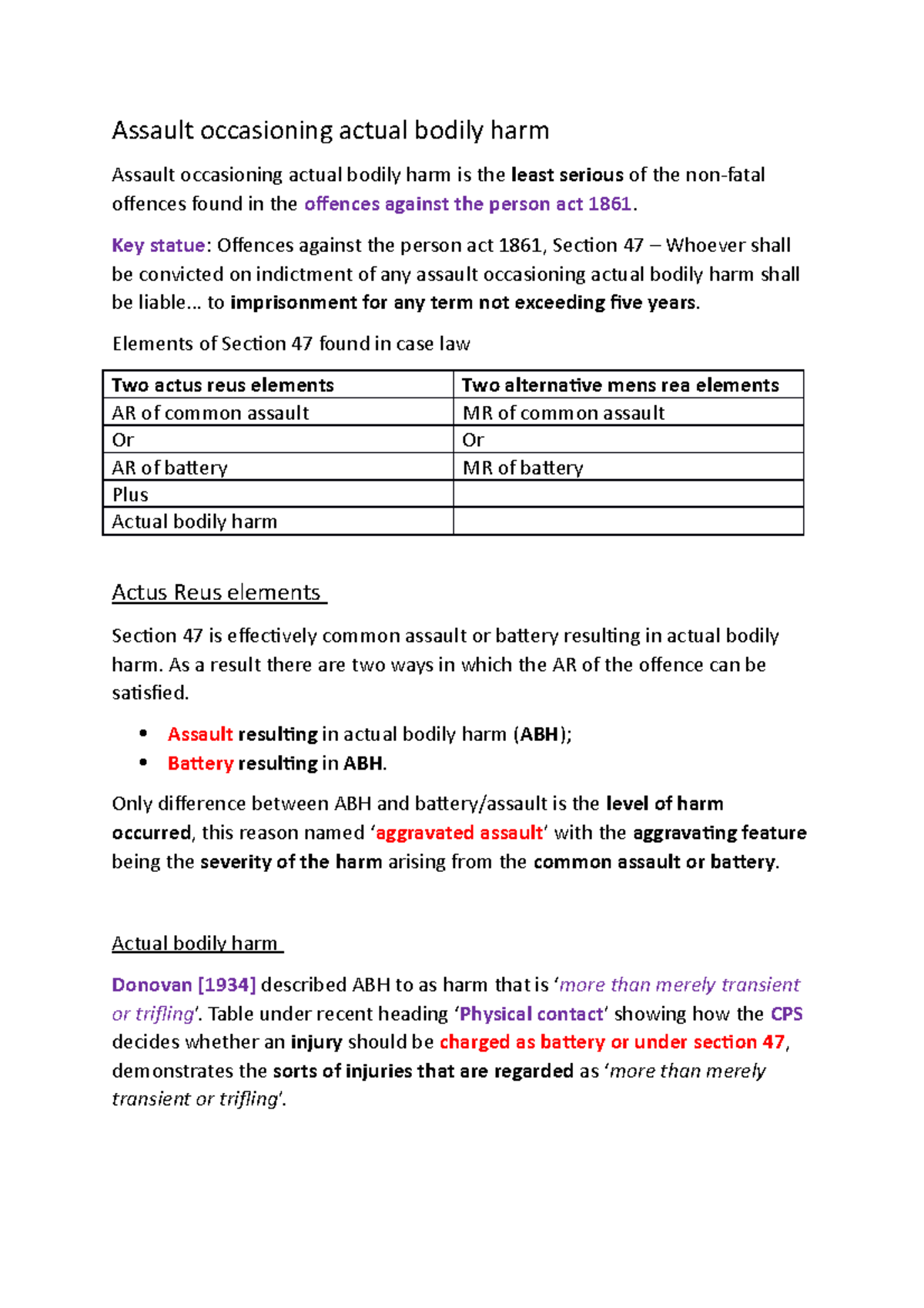 Understanding Assault Occasioning Actual Bodily Harm (Section 47) - Studocu
