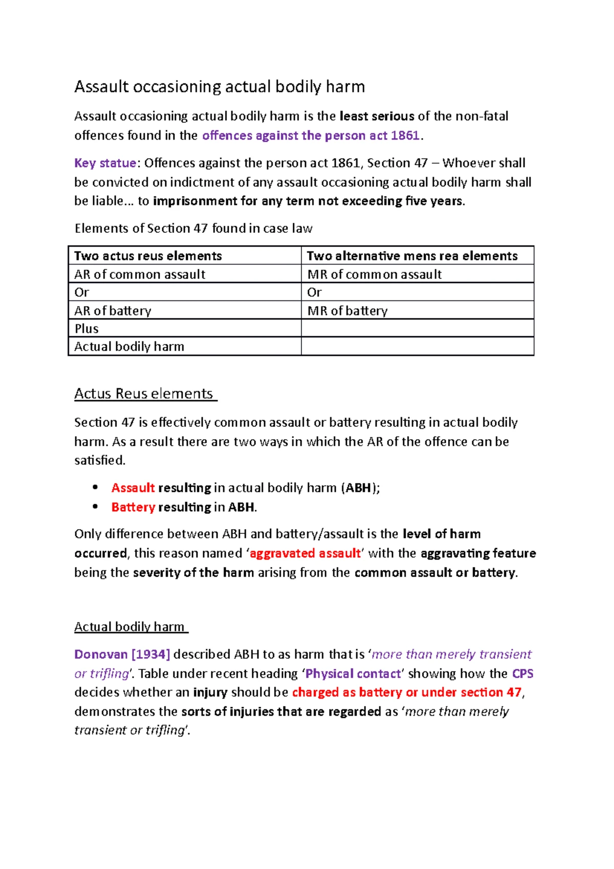 Assault occasioning actual bodily harm - Key statue: Offences against ...