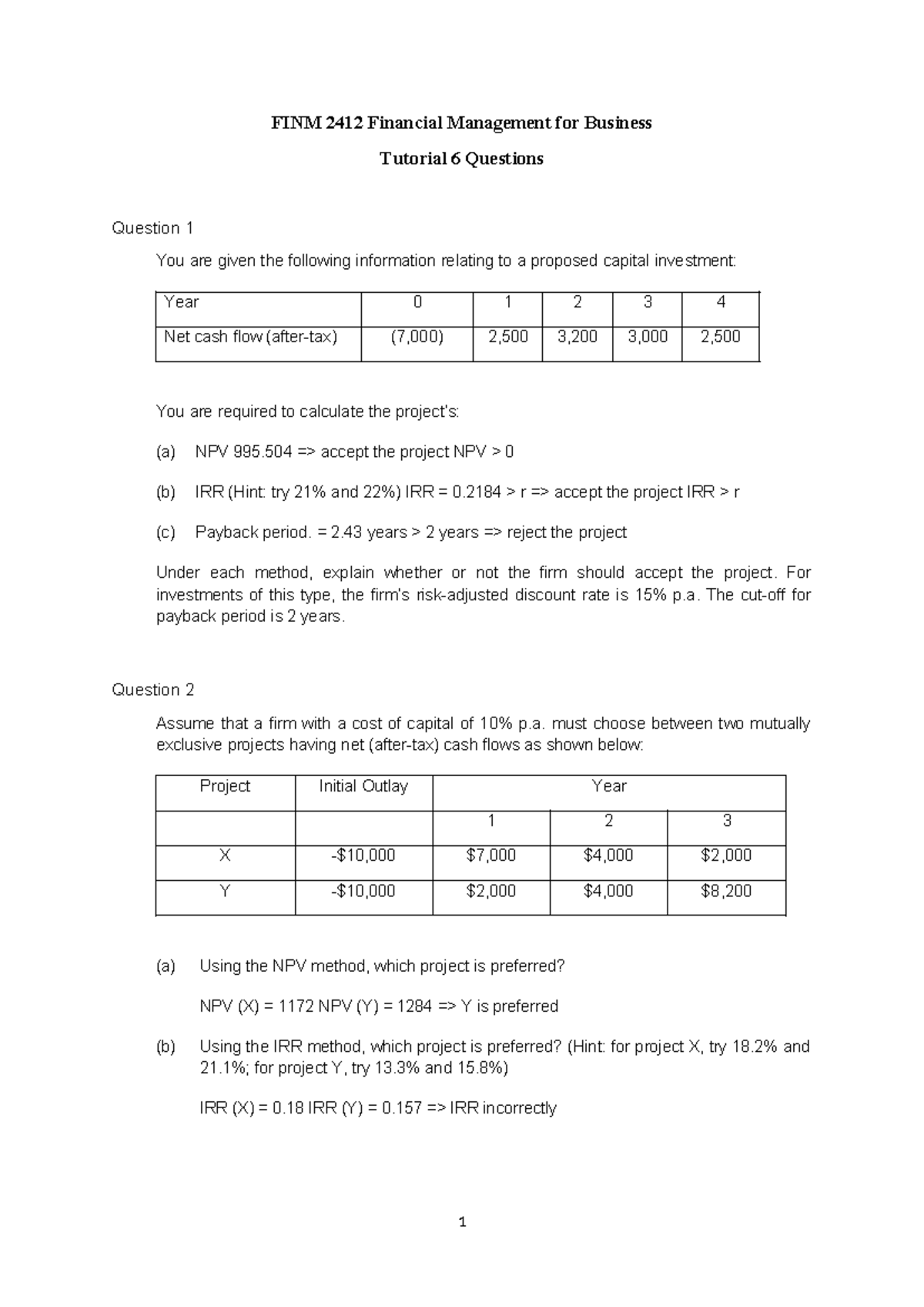 FINM 2412 Financial Management Tutorial 6: Capital Investment Analysis ...