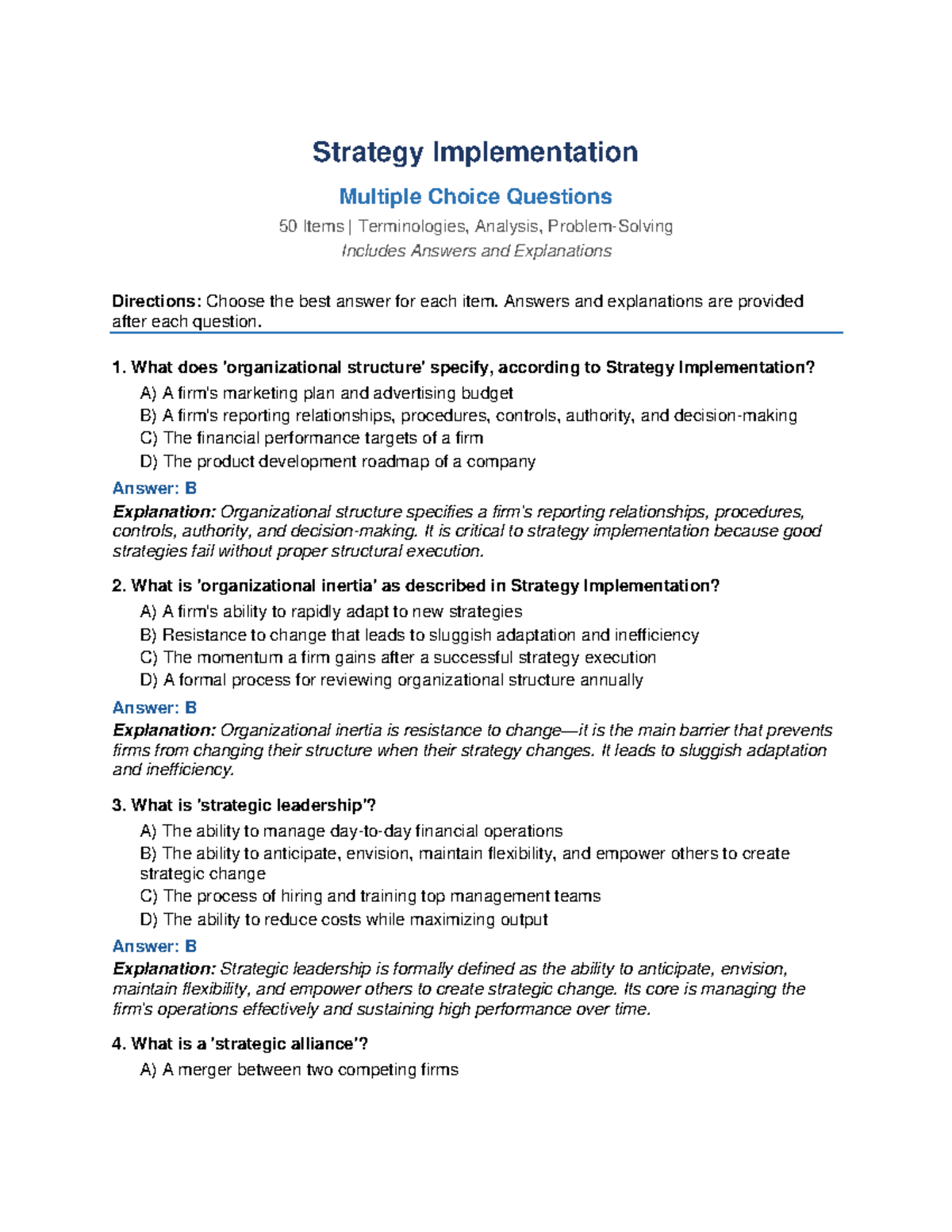Strategy Implementation MCQs: 50 Questions with Answers & Explanations ...