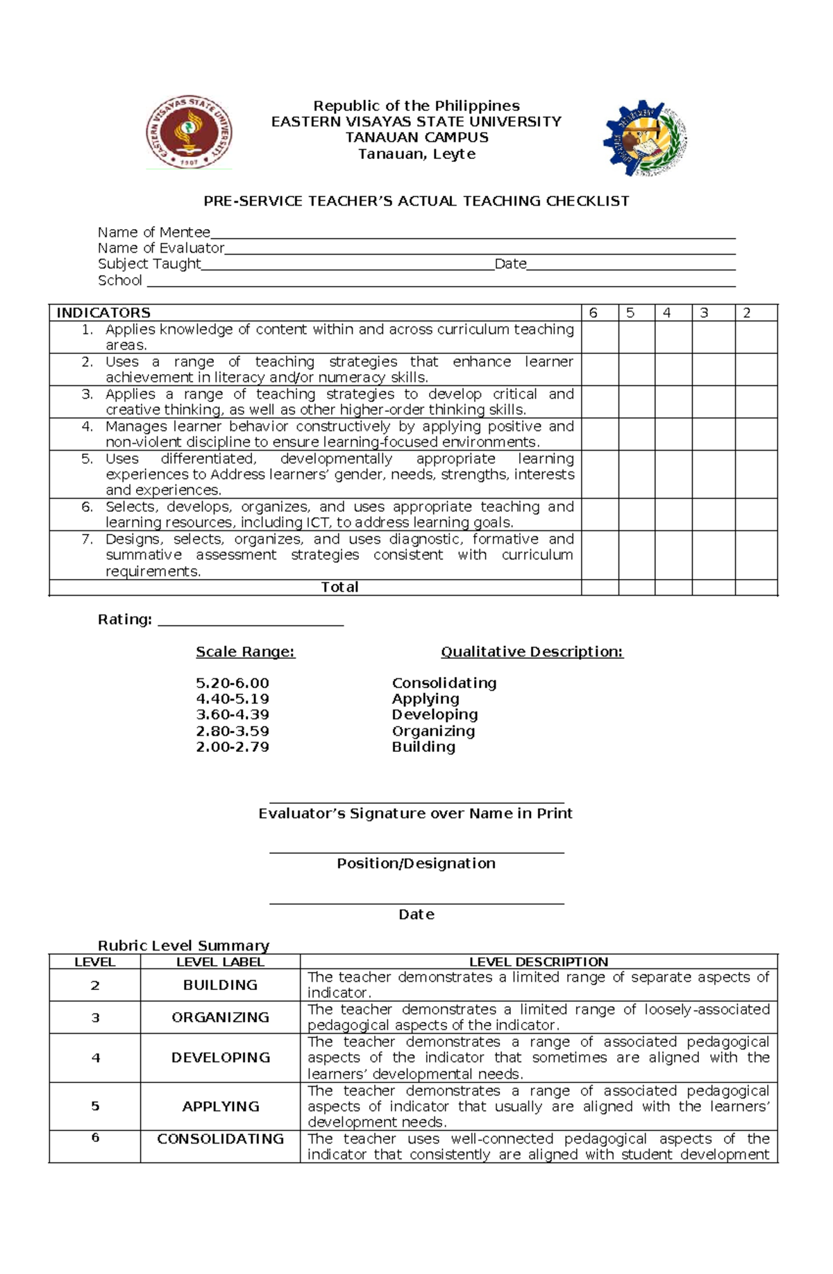 PRE Service Teachers Actual Teaching Checklist 2 - Evaluation Guide ...