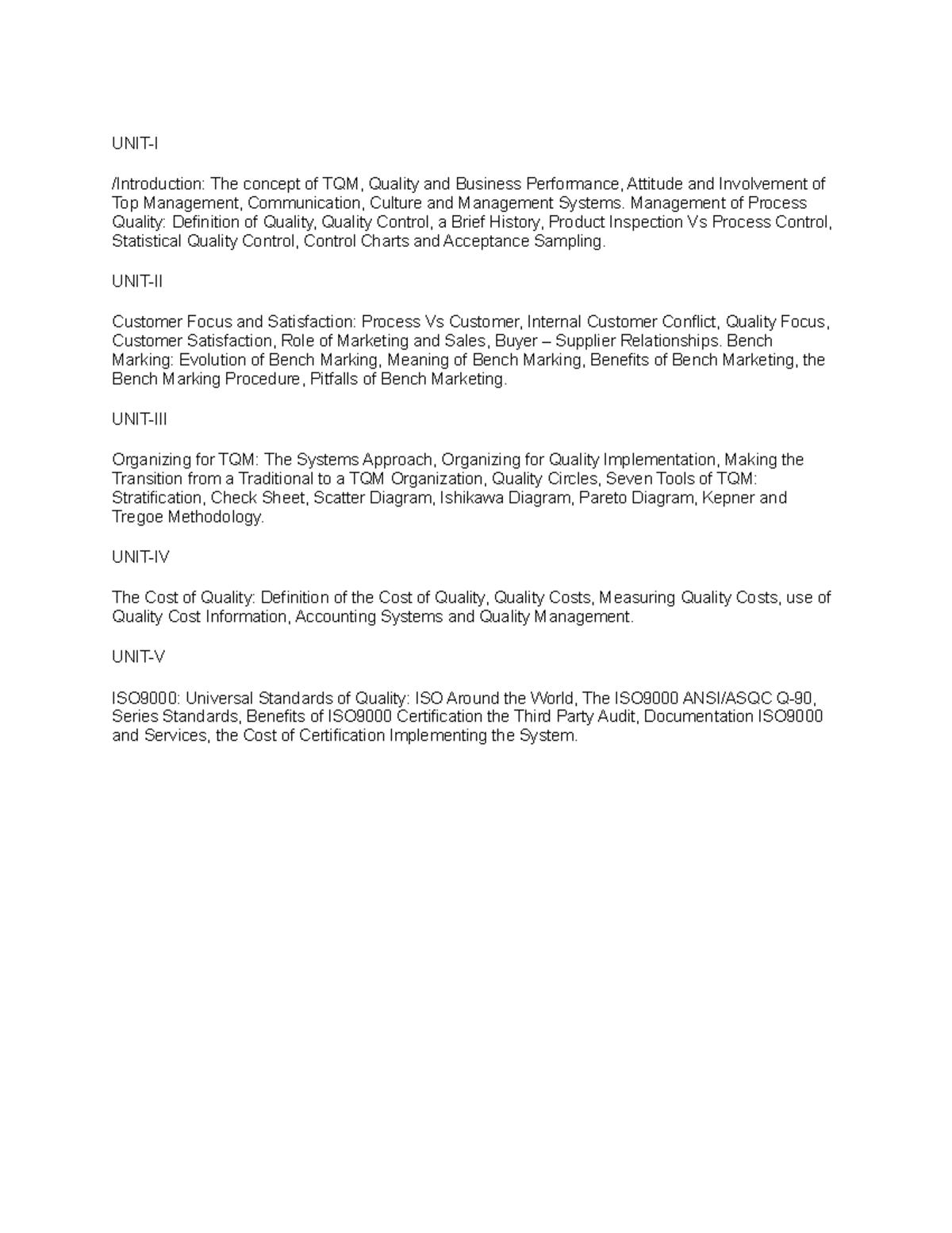 TQM - Notes - UNIT-I /Introduction: The concept of TQM, Quality and ...