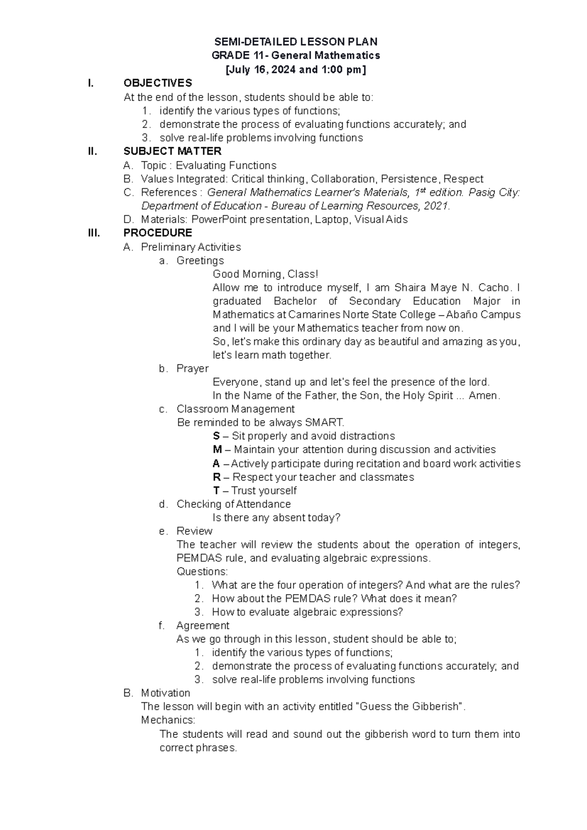 Semidetailed - sef - SEMI-DETAILED LESSON PLAN GRADE 11- General ...