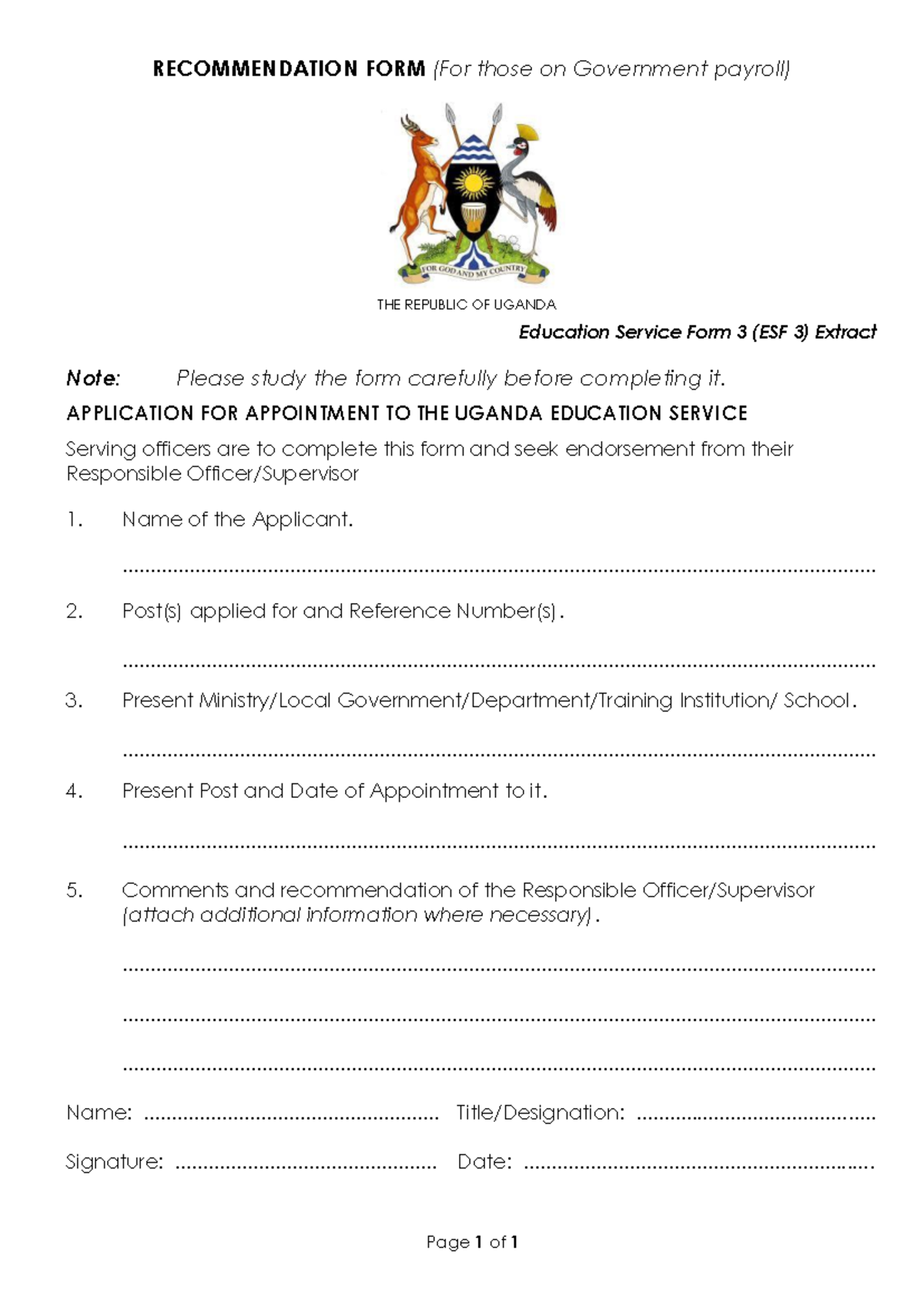 ESC Recommendation Form for Appointment to Education Service - Studocu