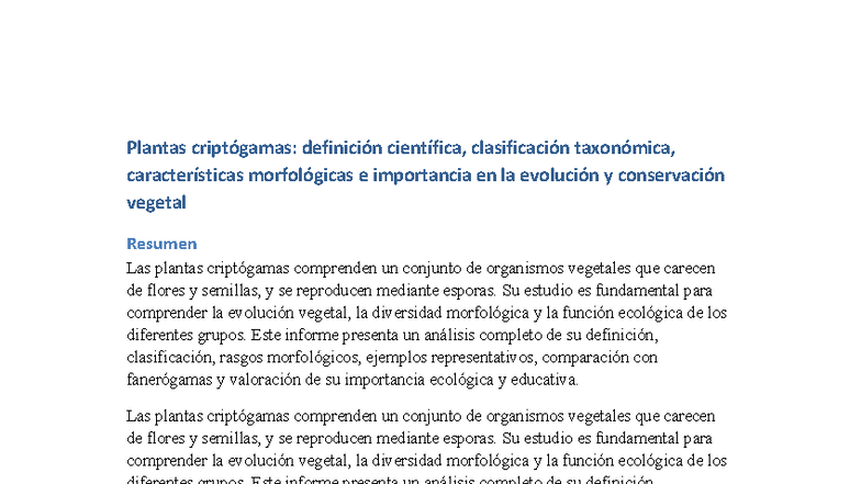 Informe sobre Plantas Criptógamas: Definición, Clasificación y Ecología ...