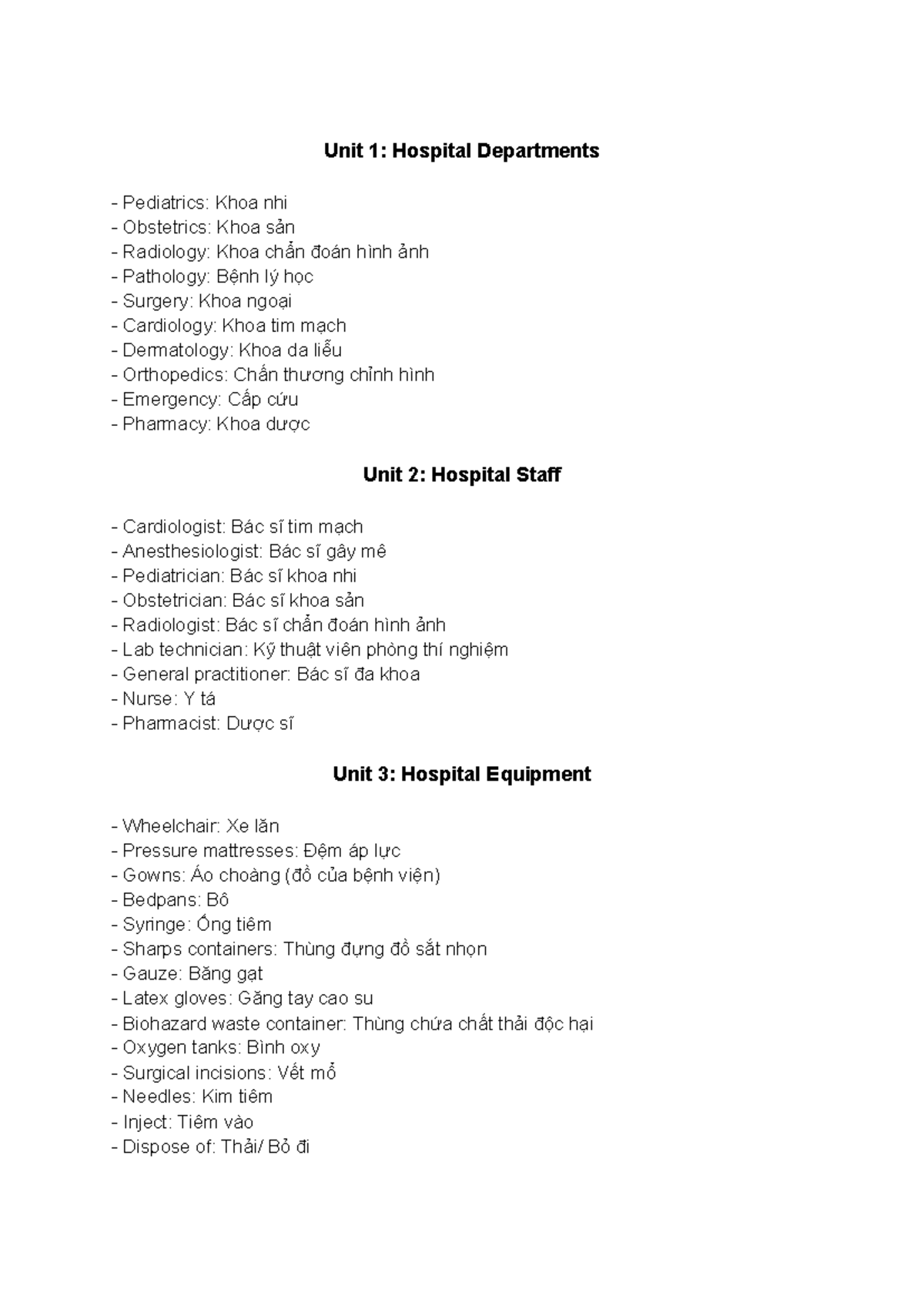 Unit 1-15: Hospital Departments, Staff, Equipment & Medications Notes ...