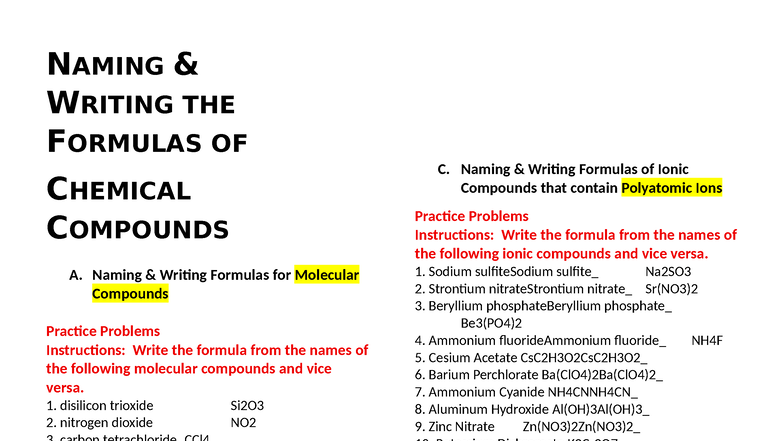 Naming and Writing Formulas of Chemical Compounds (CHEM 101) - Studocu