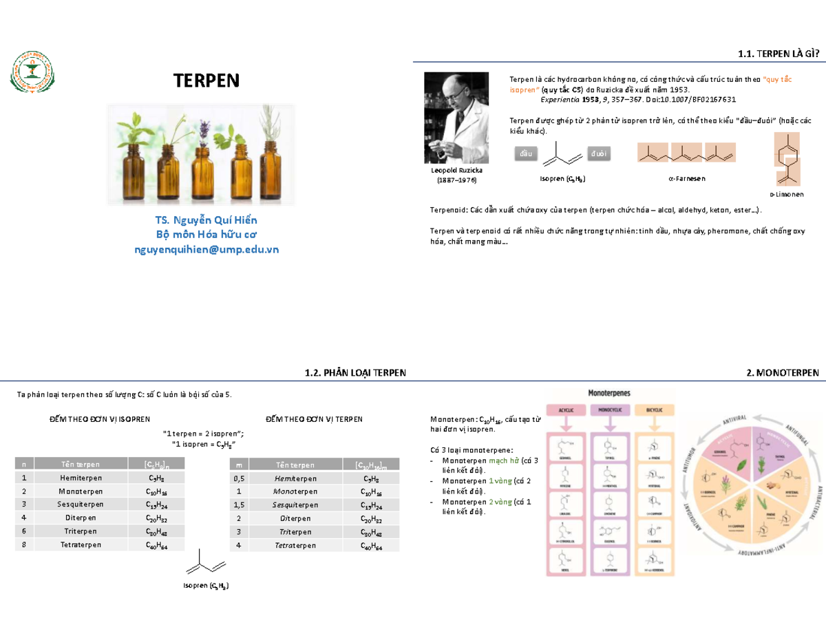 Terpen và terpenoid: Phân loại và chức năng tự nhiên - Studocu