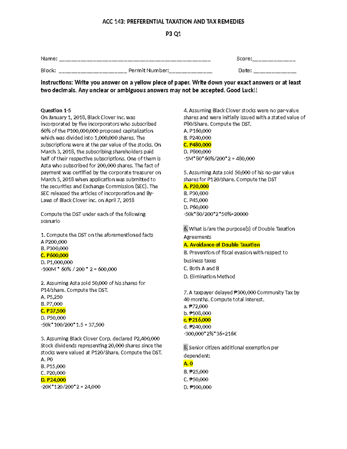 ACC 143: Preferential Taxation & Remedies - P3 Q1 Exam Review - Studocu