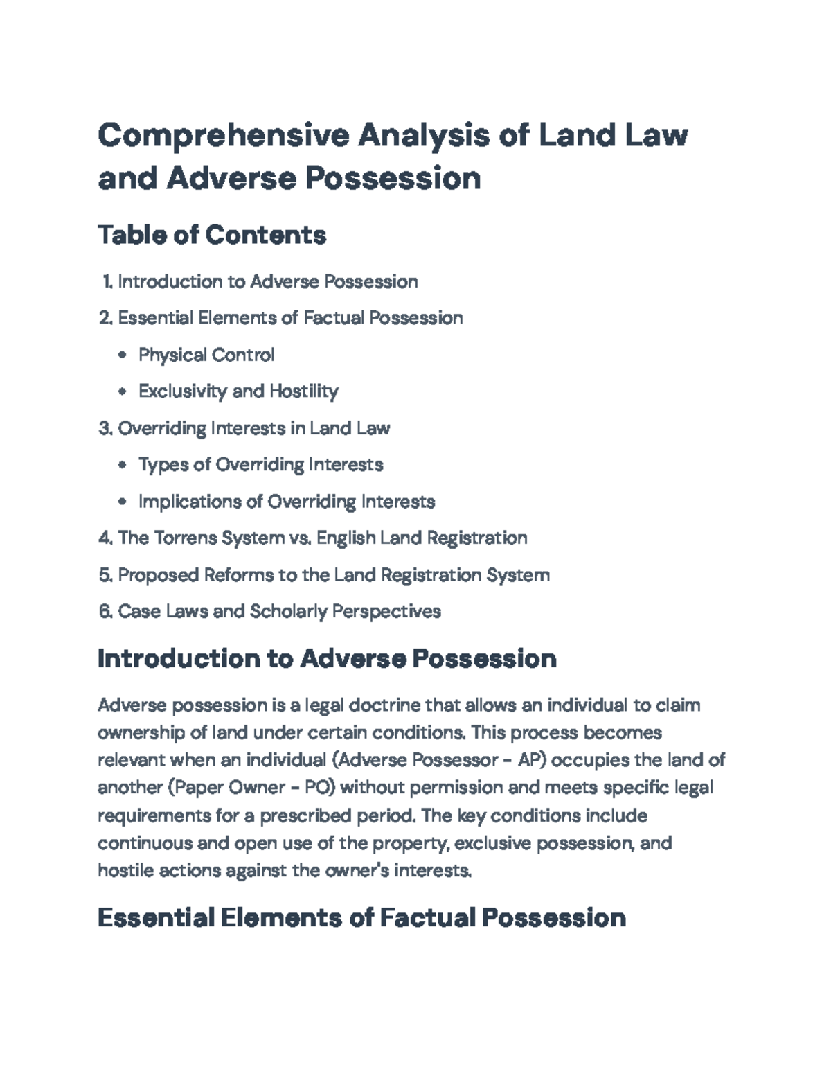 Comprehensive Analysis of Land Law and Adverse Possession (Course Code ...