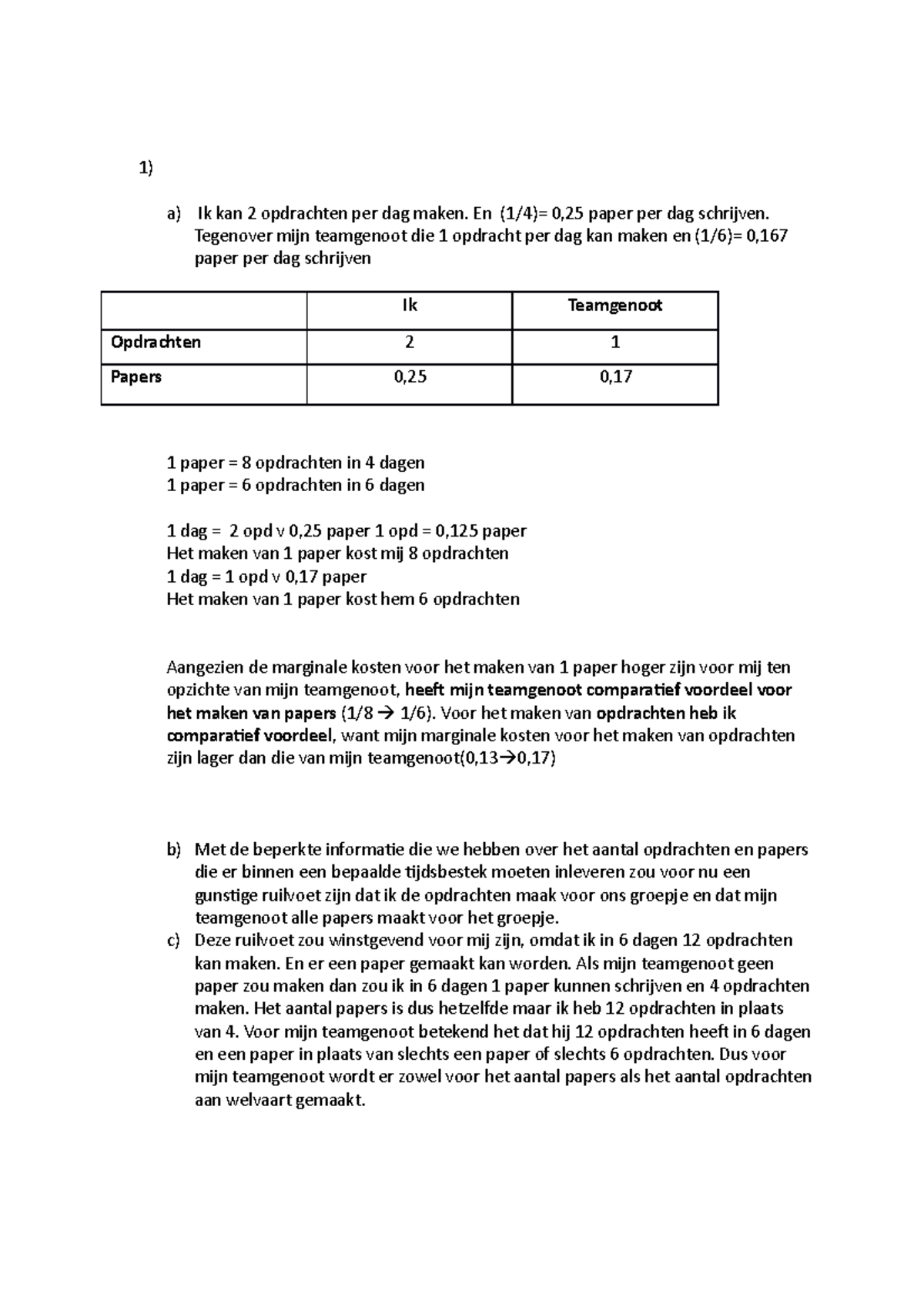 Economie Analyse: Opdrachten en Comparatief Voordeel (ECON 202 ...