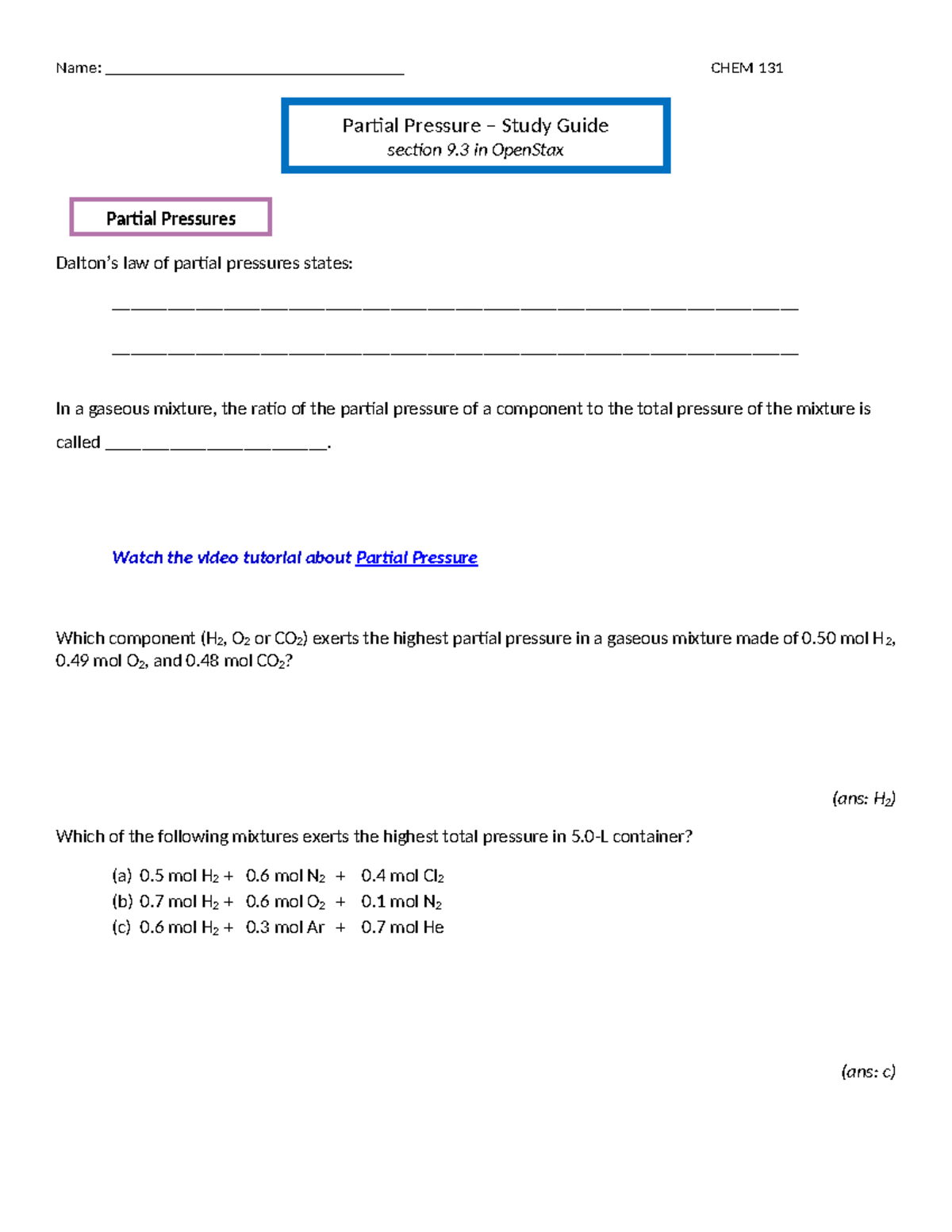 CH9 Partial Pressure Study Guide - Name ...
