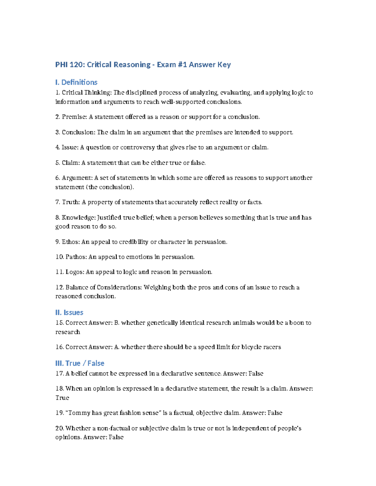 PHI 120: Critical Reasoning - Exam #1 Comprehensive Answer Key - Studocu