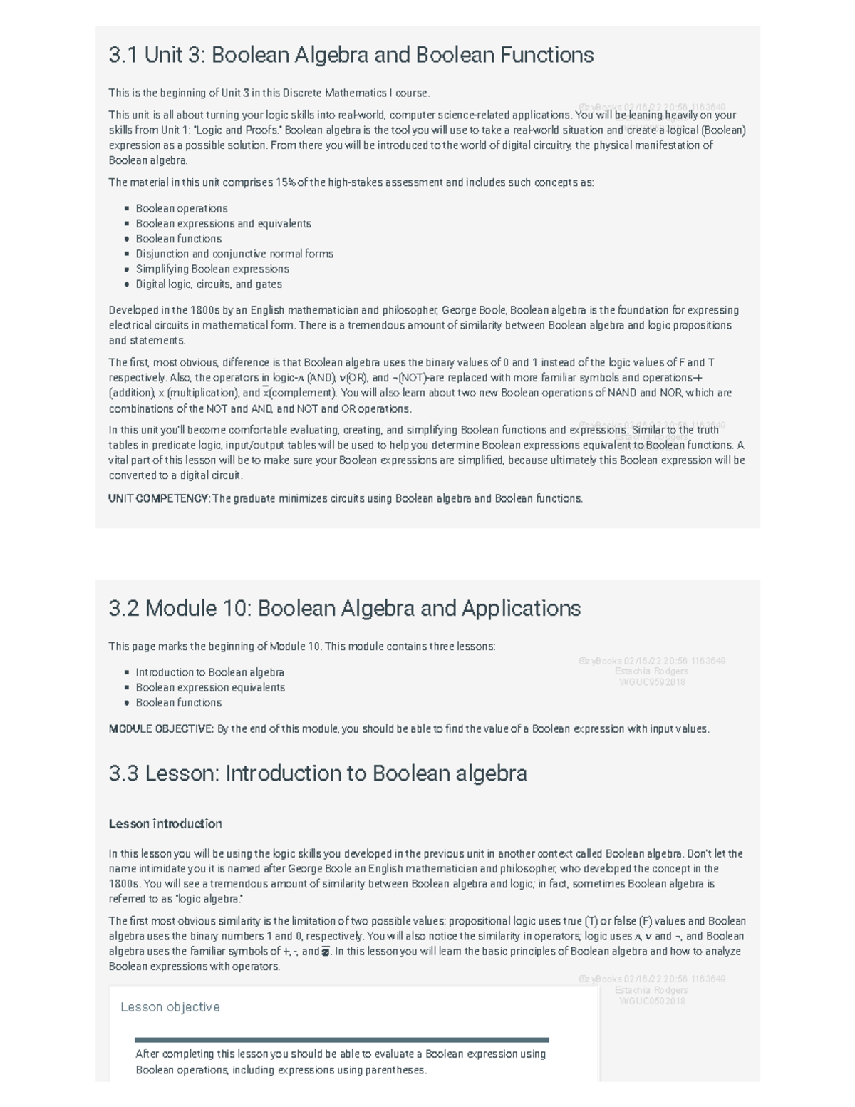 C959 Discrete Math Unit 3 - 3 Unit 3: Boolean Algebra and Boolean Functions ####### This is the ...
